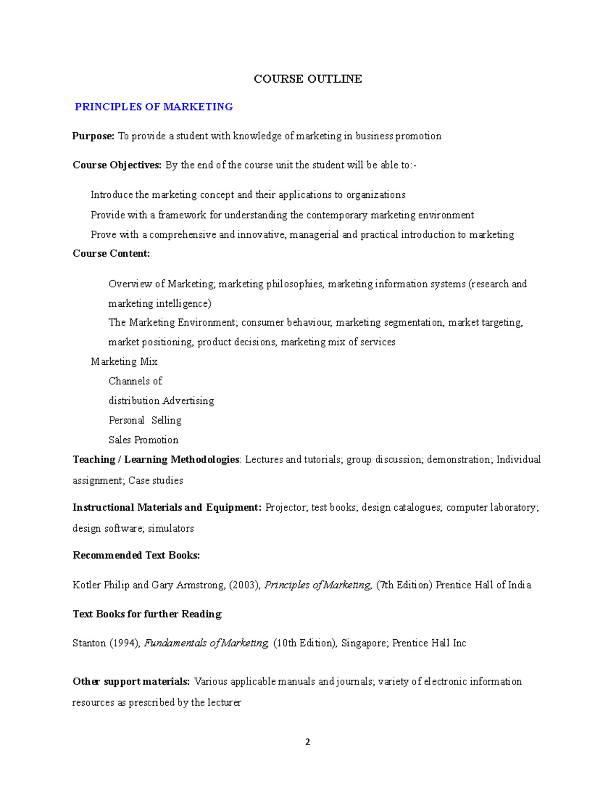 Principles OF Marketing Notes - COURSE OUTLINE PRINCIPLES OF MARKETING ...