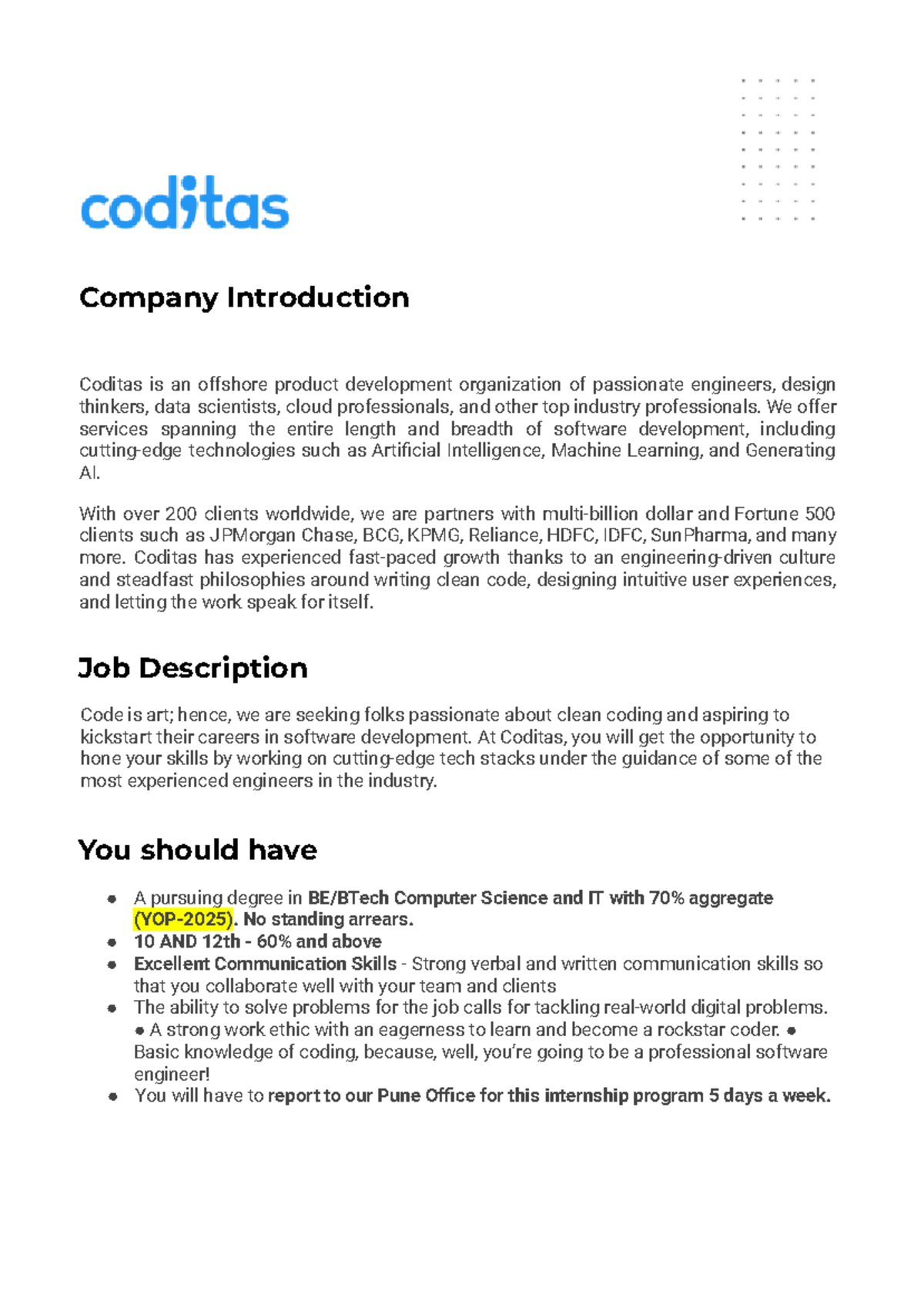 JD Internship 2025 - czxvcsdvscv - Company Introduction Coditas is an ...