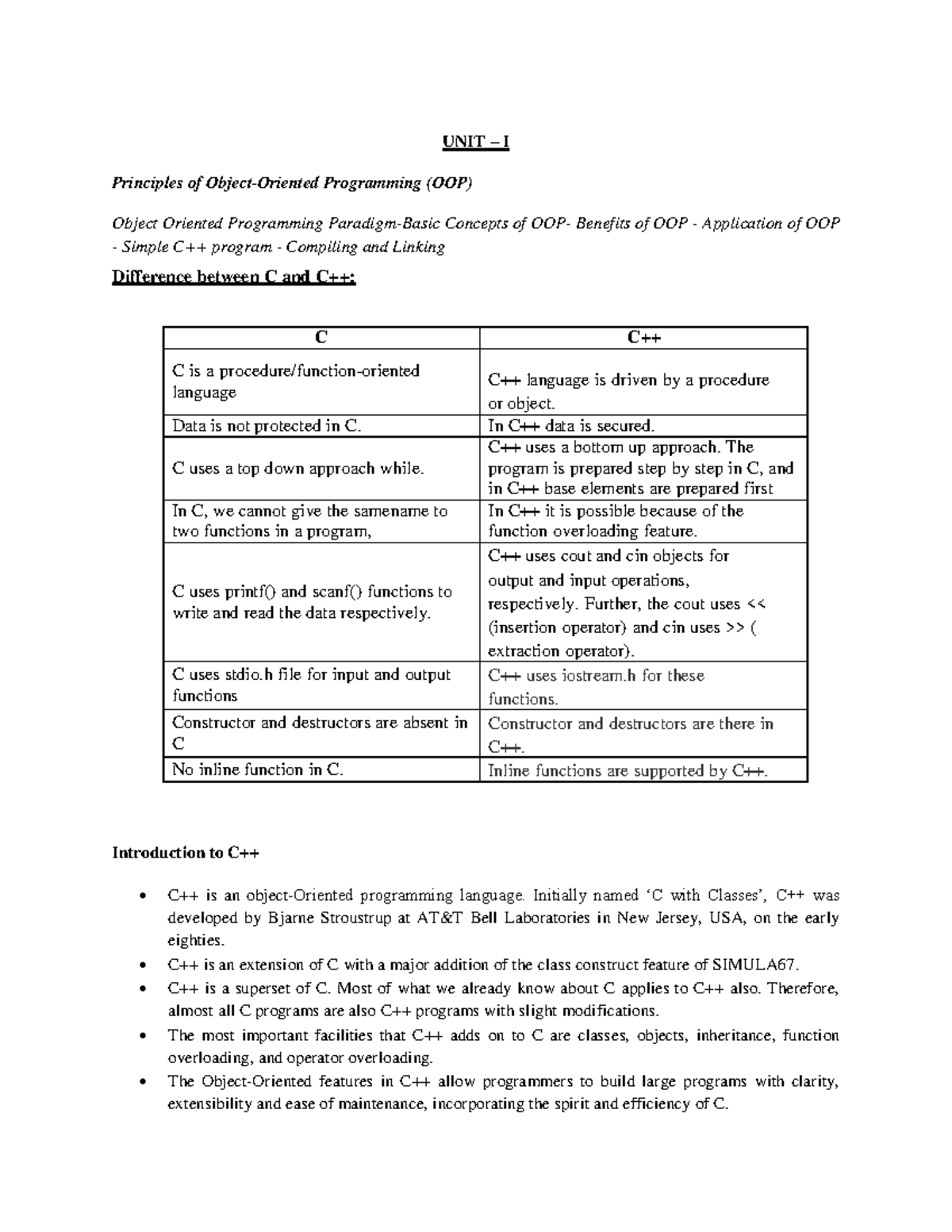 I UNIT - oops notes - UNIT – I Principles of Object-Oriented ...