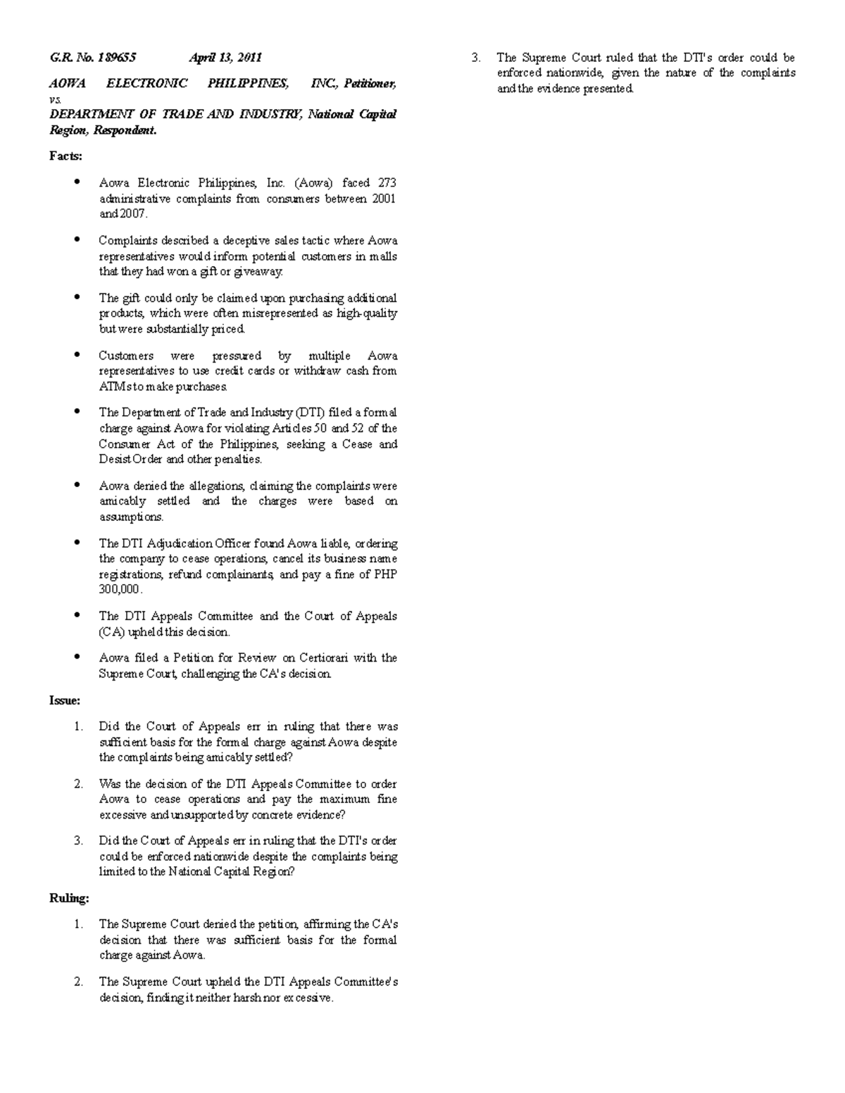 Rtl case - CASE DIGEST. - G. No. 189655 April 13, 2011 AOWA ELECTRONIC ...