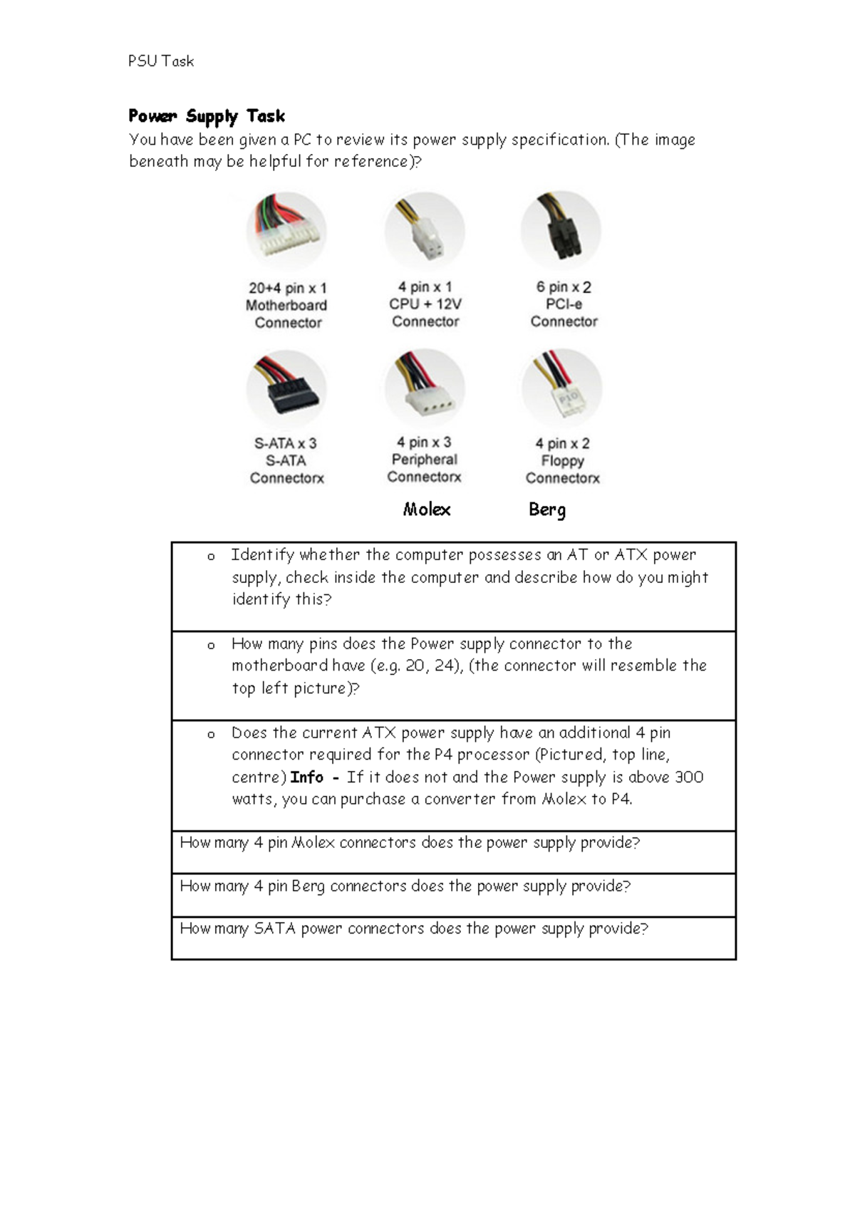 Psu Task Task About Power Supply Psu Task Power Supply Task You Have Been Given A Pc To 
