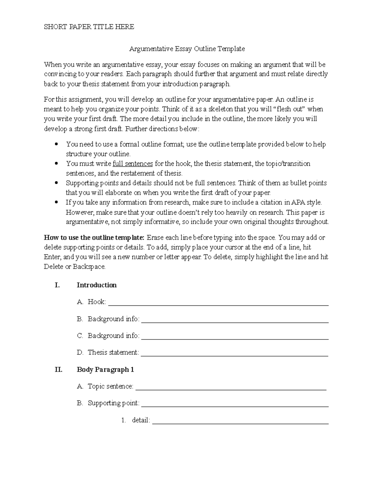 ENGL-140 Template-Outline-Argumentative Essay-1 - Argumentative Essay ...
