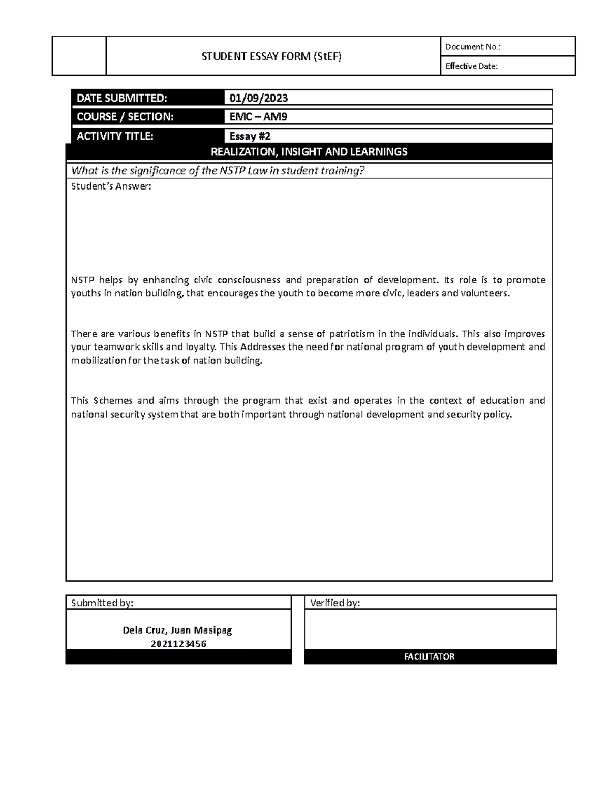 Form - NSTP100 Essay #2 - NSTP - STUDENT ESSAY FORM (StEF) Document No ...