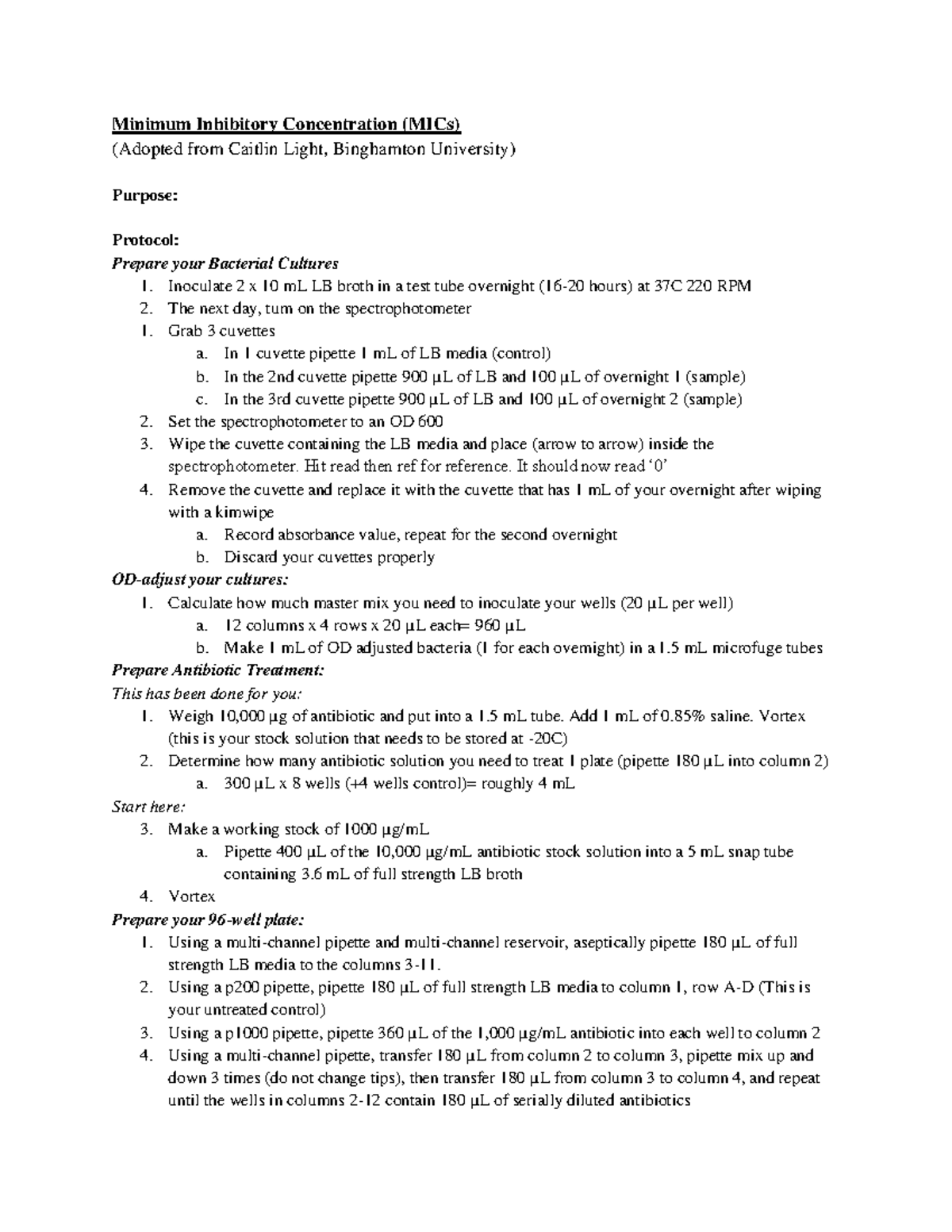 Protocol- MIC - Minimum Inhibitory Concentration (MICs) (Adopted from ...