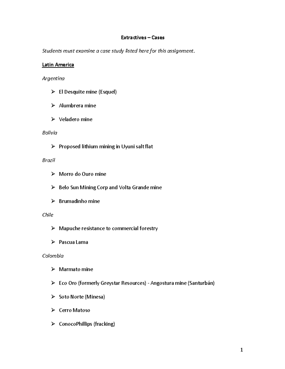 EECS1520 Case study list - Extractives – Cases Students must examine a ...