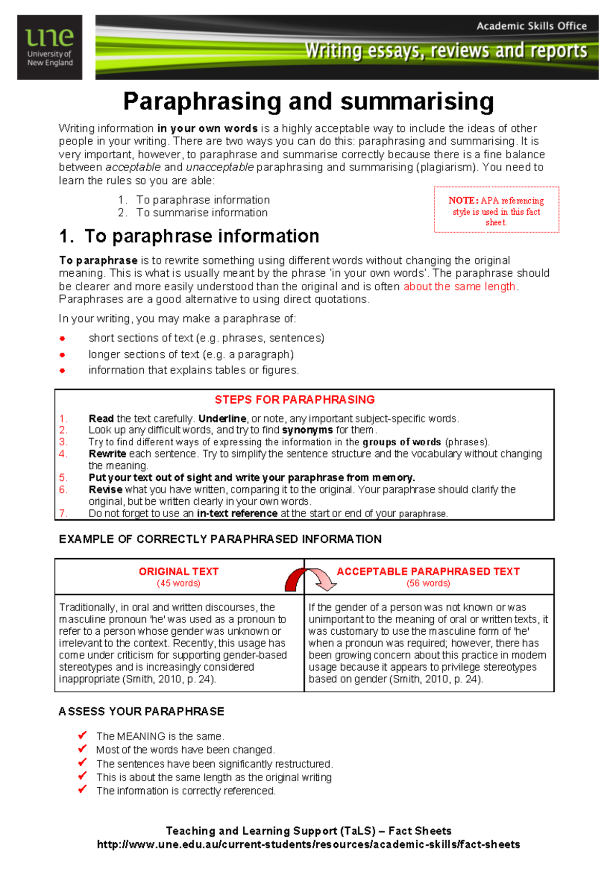 WE Paraphrasing-and-summarising - Teaching and Learning Support (TaLS ...