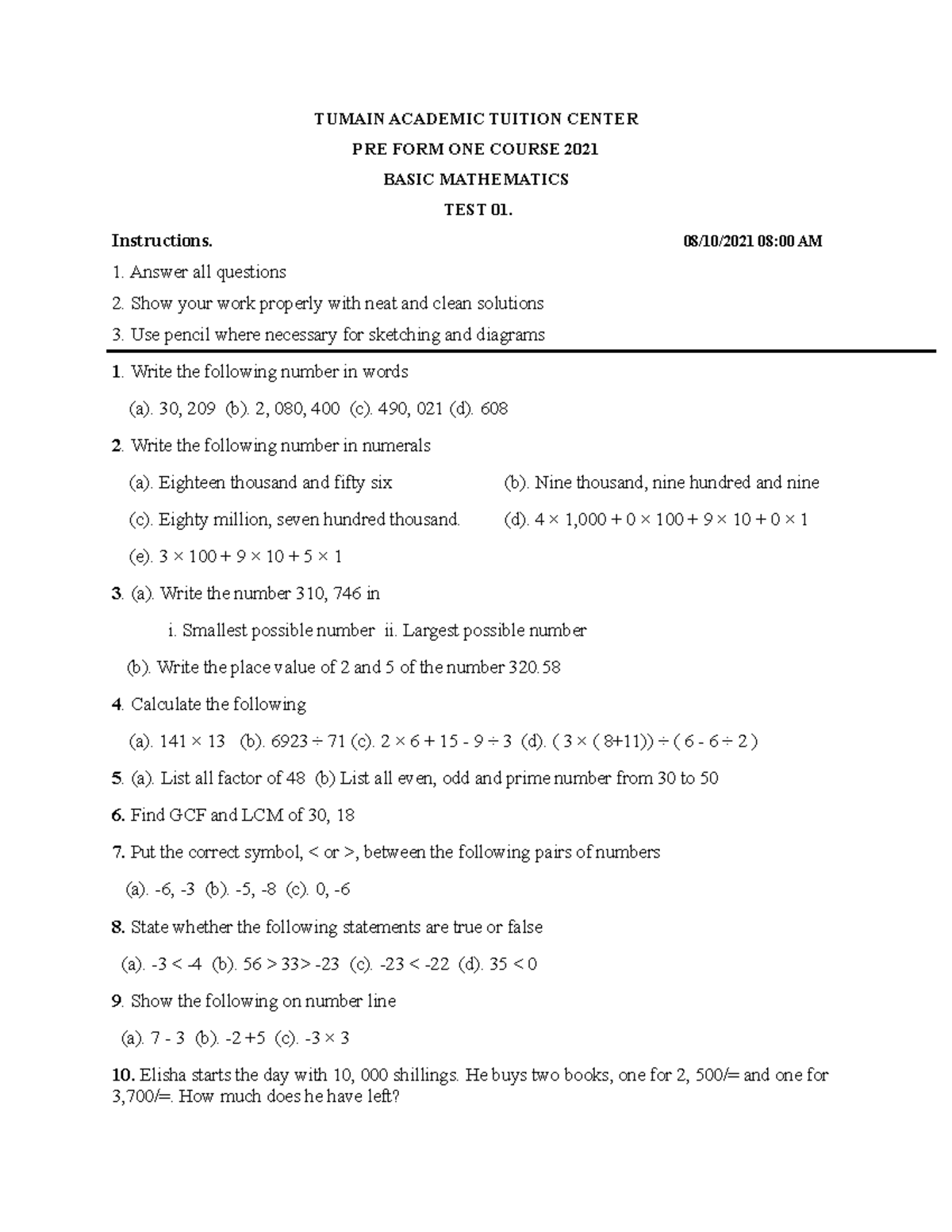 TATC MATH'S TEST 01 - This is a the first test for my form one student ...