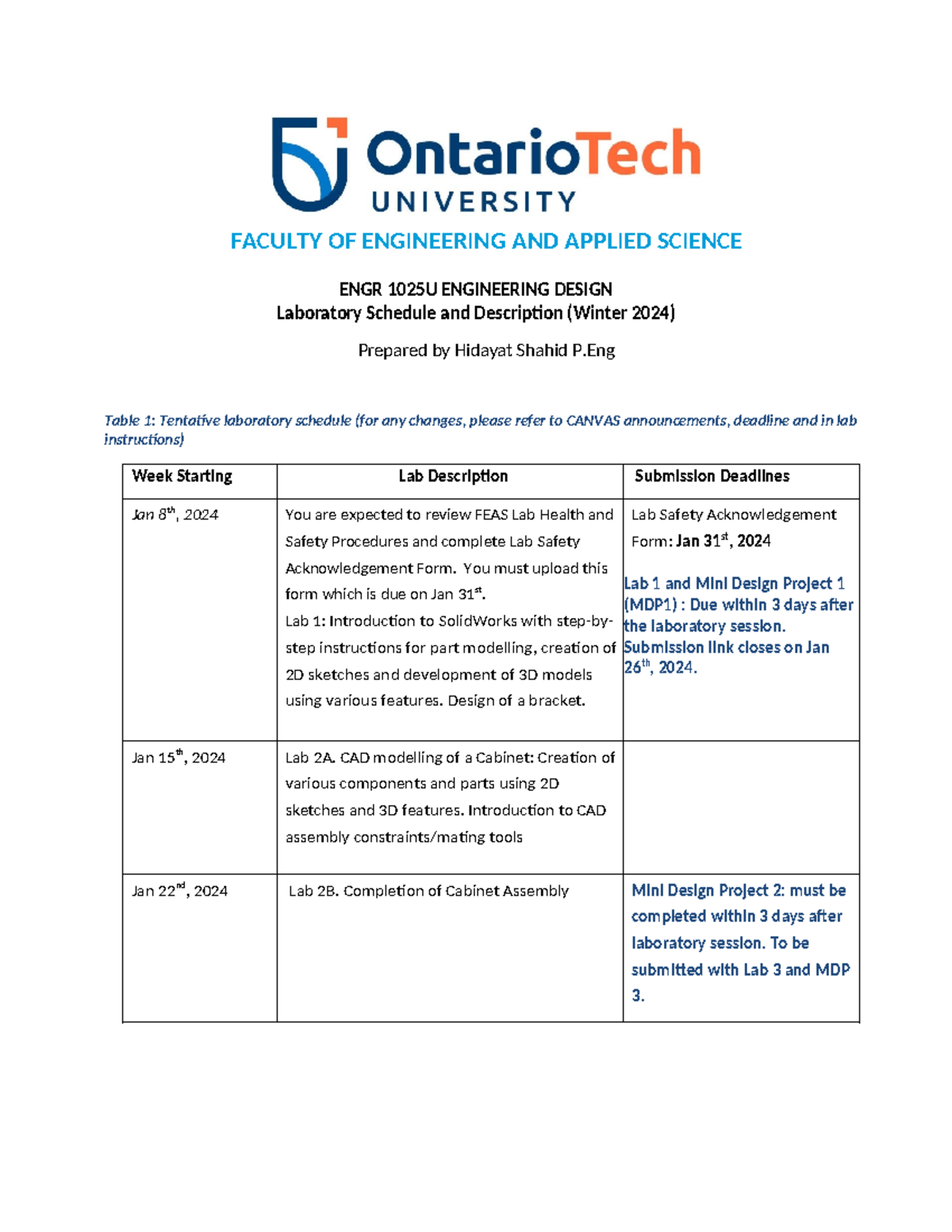 ENGR1025 Lab Schedule Winter 2024 - FACULTY OF ENGINEERING AND APPLIED ...