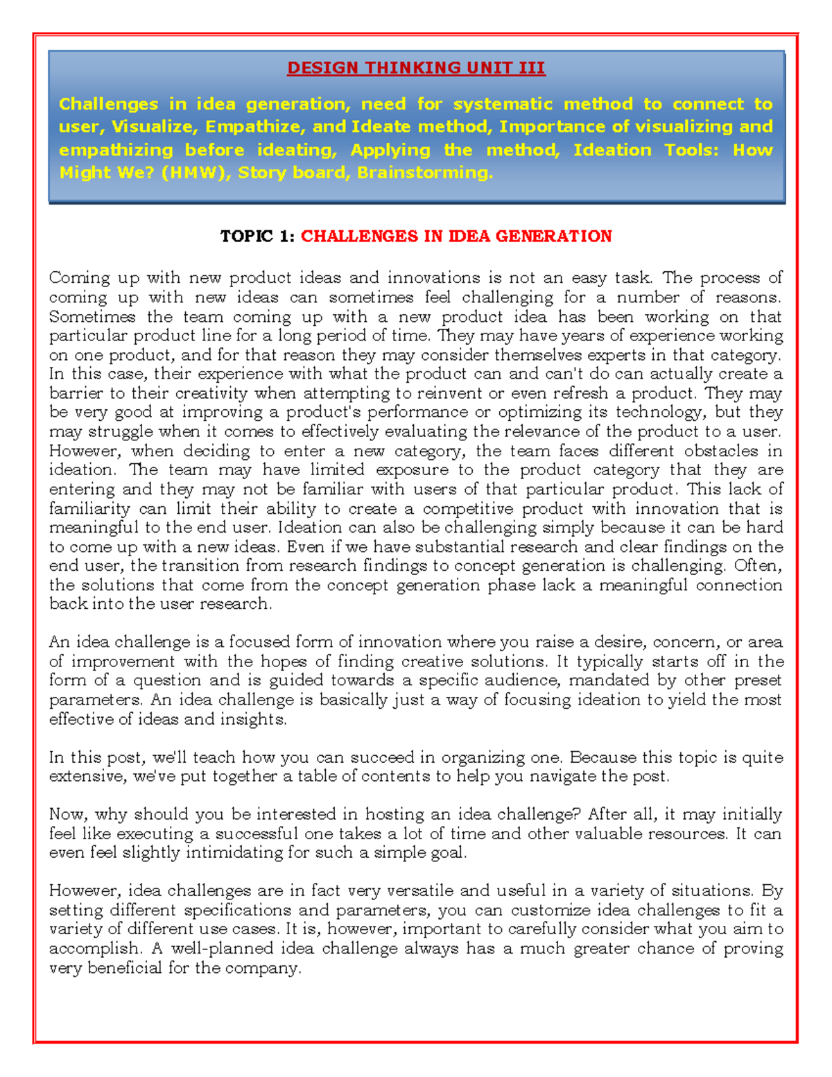 Design Thinking Unit III - TOPIC 1: CHALLENGES IN IDEA GENERATION ...