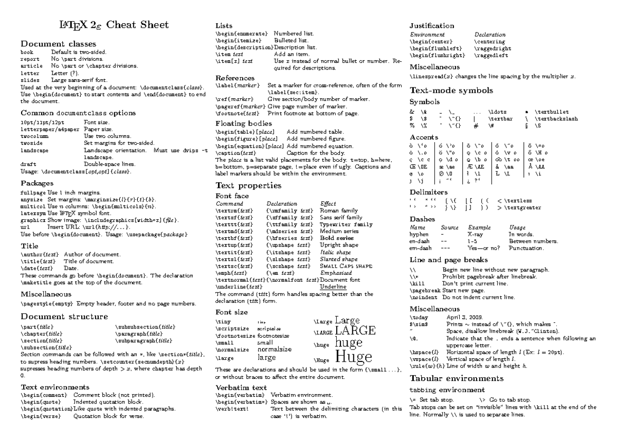 Latexsheet-a4 - Summaries On Latex Codes - Latex 2εcheat Sheet Document