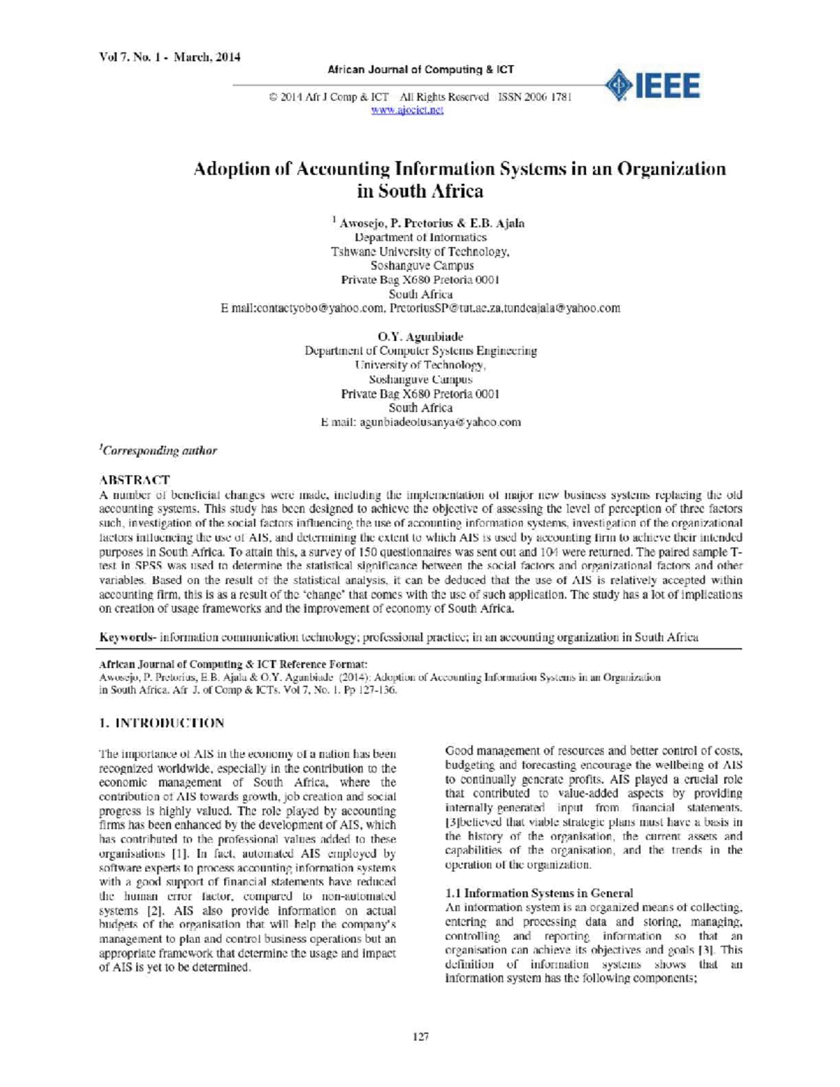 Adoption of AIS in south africa TAM - Accountancy - Studocu