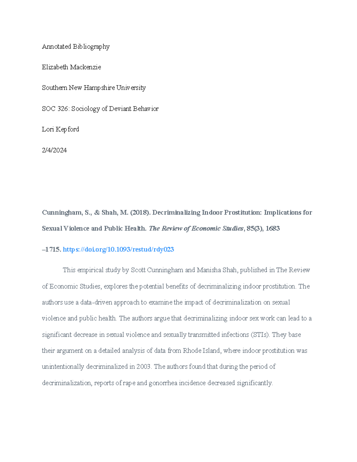 Annotated bibliography - Annotated Bibliography Elizabeth Mackenzie ...
