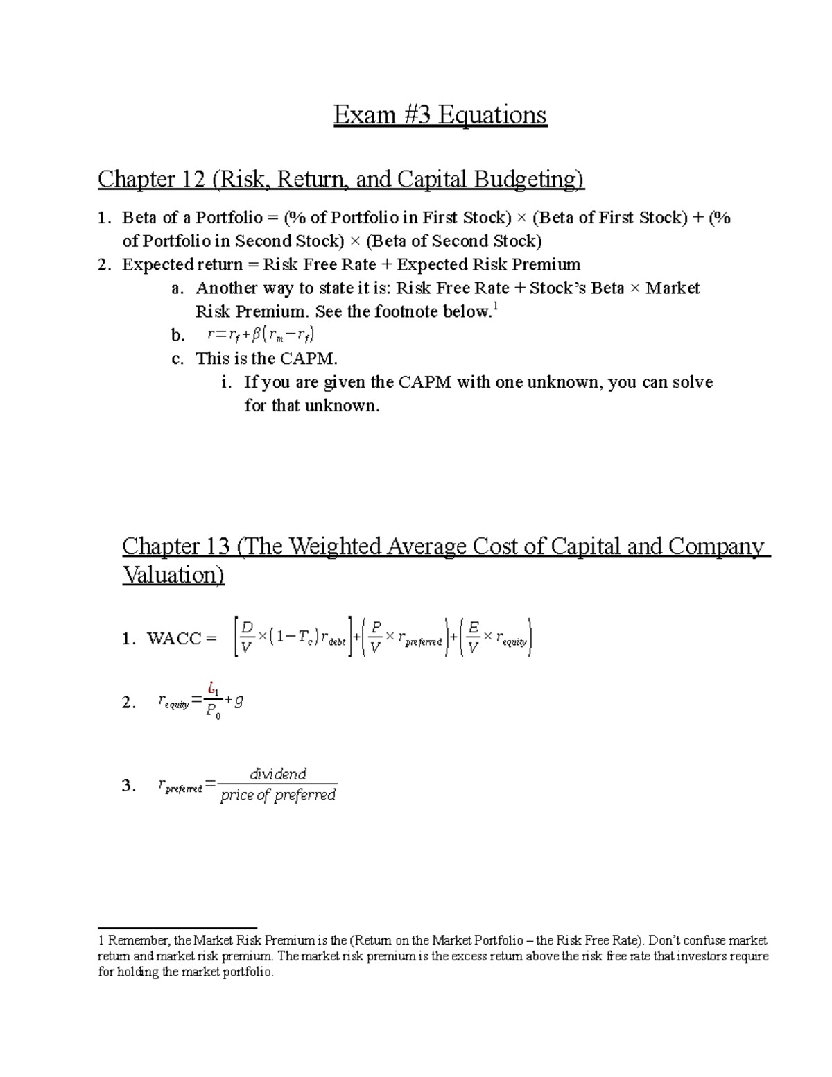 Business 106 Exam 3 Equation Sheet - Exam #3 Equations Chapter 12 (Risk ...