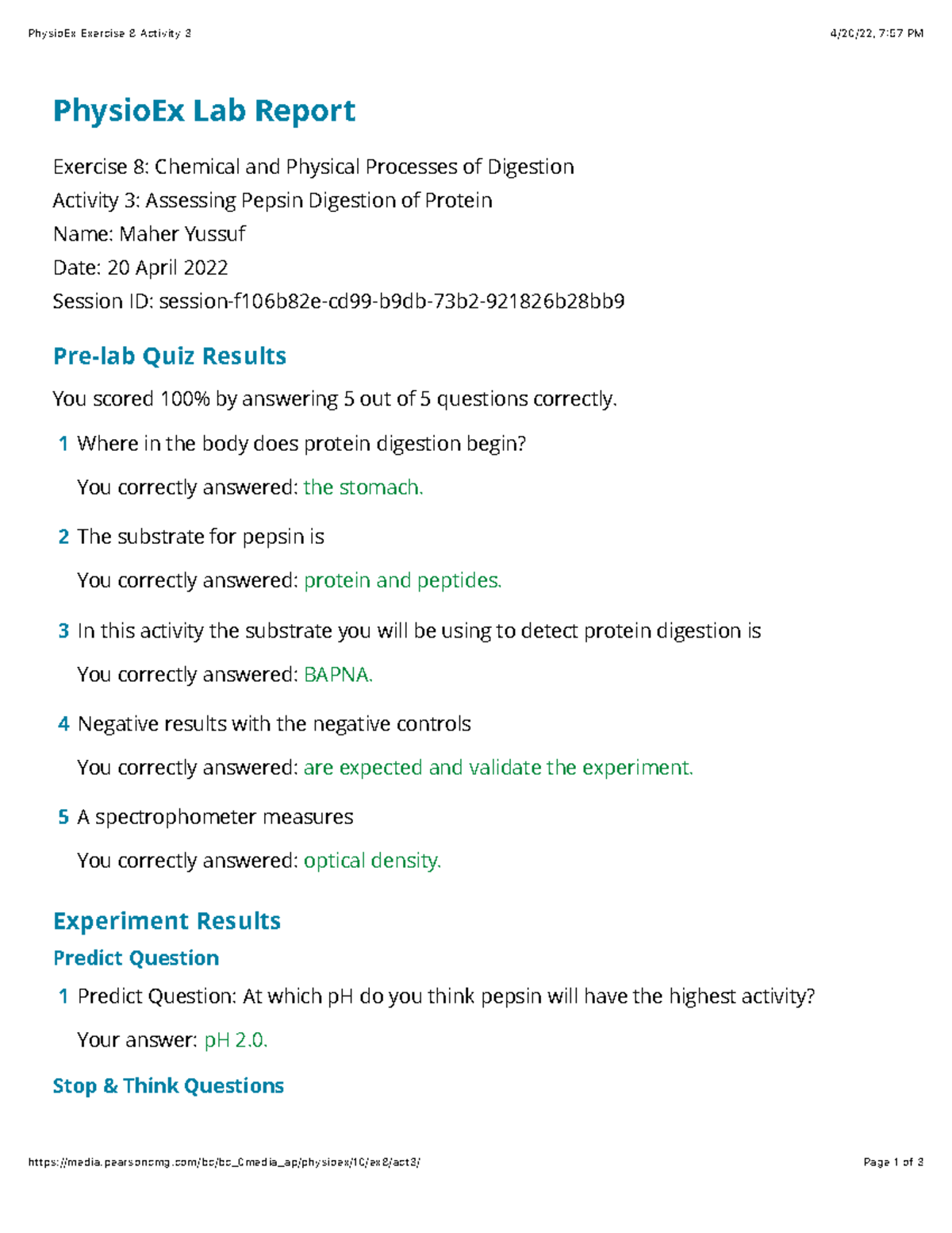 Physio Exercise 8 Activity 3 - PhysioEx Exercise 8 Activity 3 4/20/22 ...