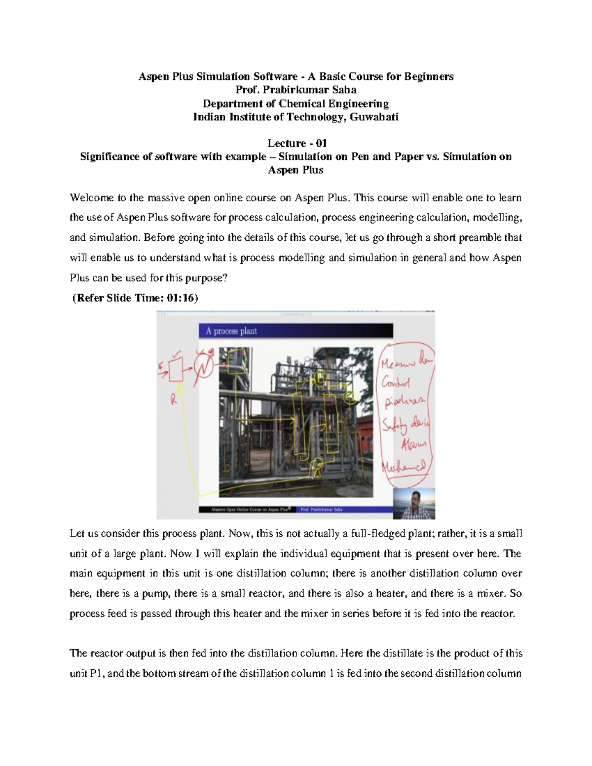 Lec01 - Aspen Plus Simulation Software - A Basic Course for Beginners Prof. Prabirkumar Saha ...