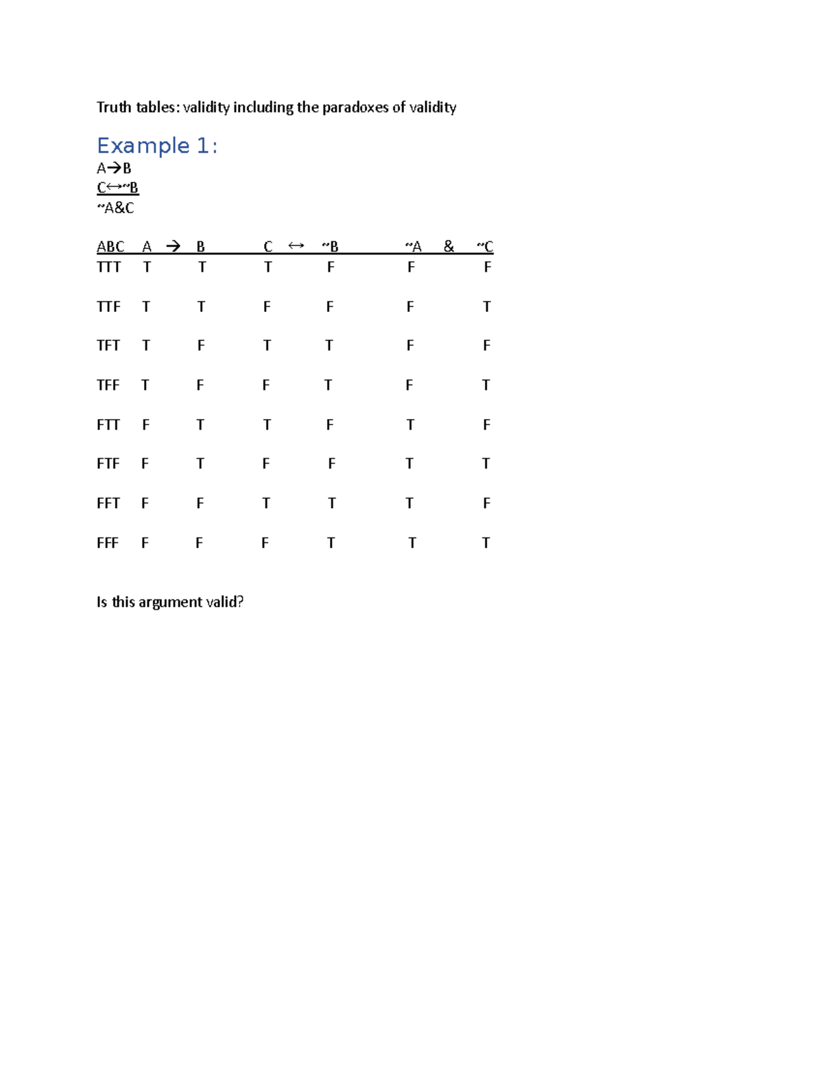 Study guide- validity and the paradoxes of validity - Truth tables ...