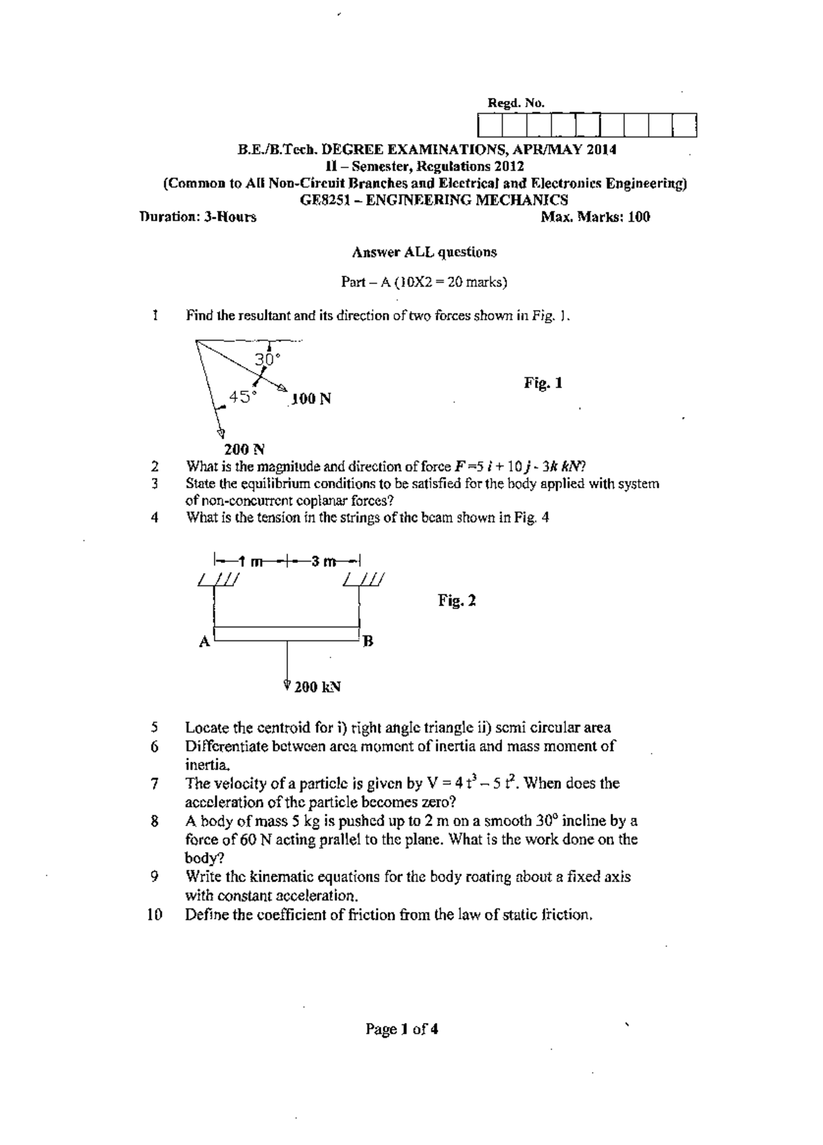 Engineering mechanics qn paper - Regd. No. B.E./B. D E G R E E ...
