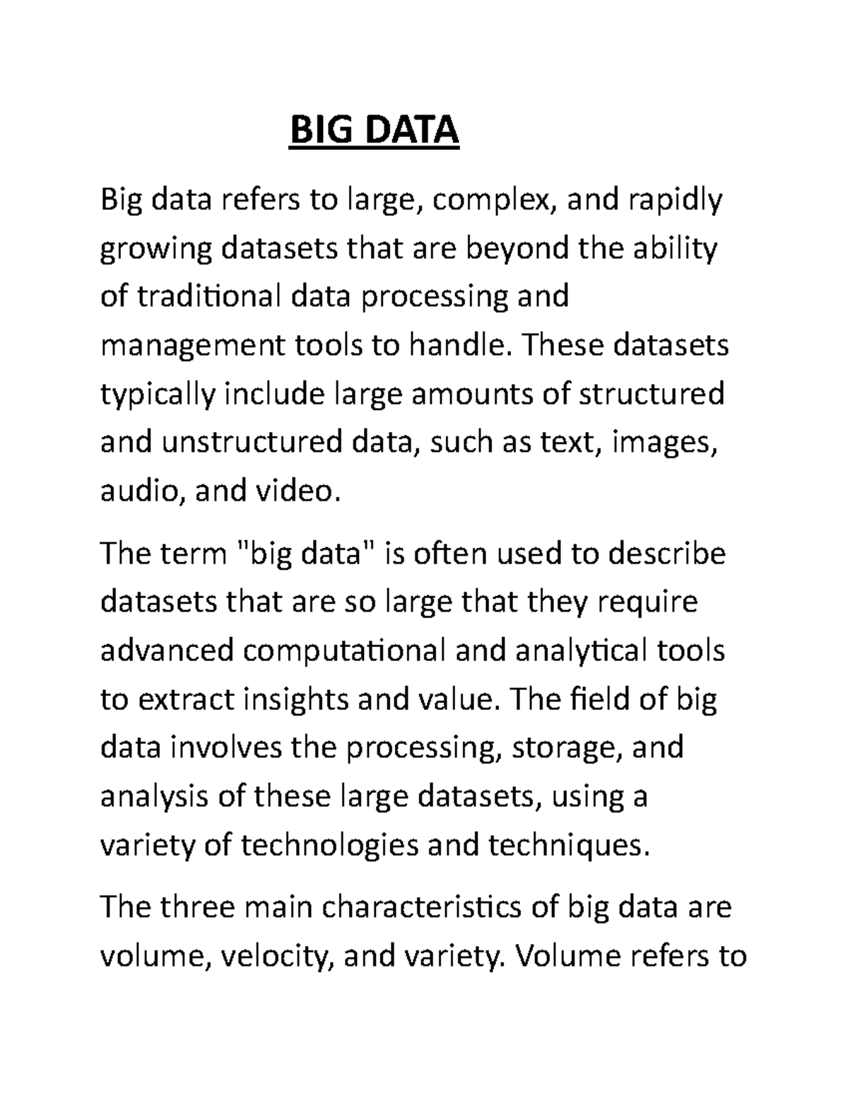 BIG DATA full notes - BIG DATA Big data refers to large, complex, and ...