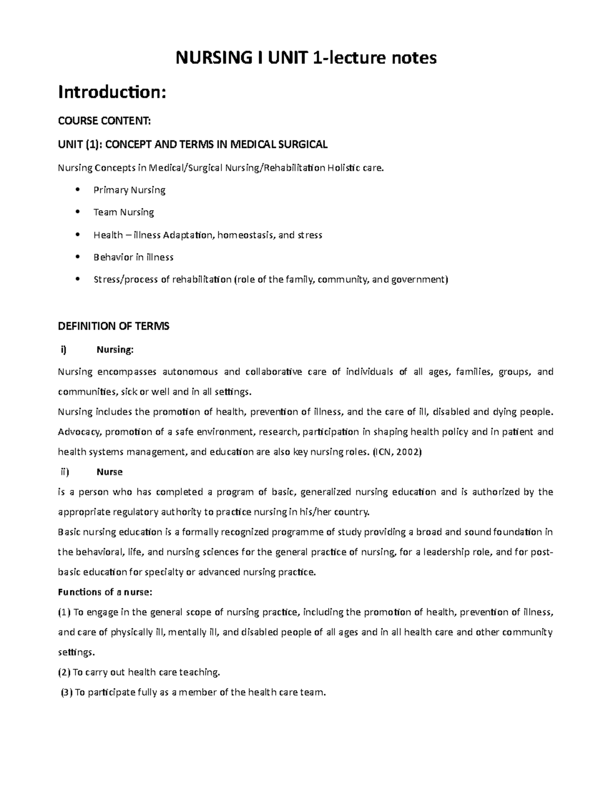 Unit-1 lecture notes on nusing practice - NURSING I UNIT 1-lecture ...