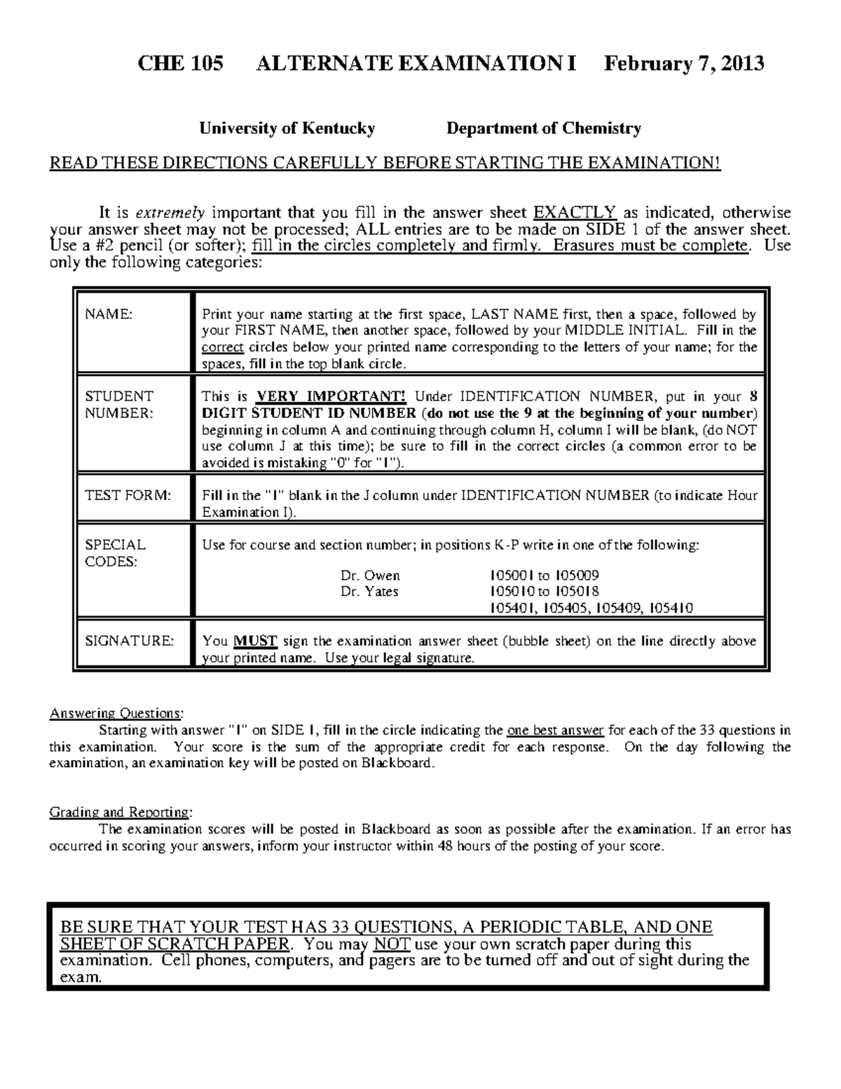 2013 Spring 105 Ex1 - exam - CHE 105 ALTERNATE EXAMINATION I University ...