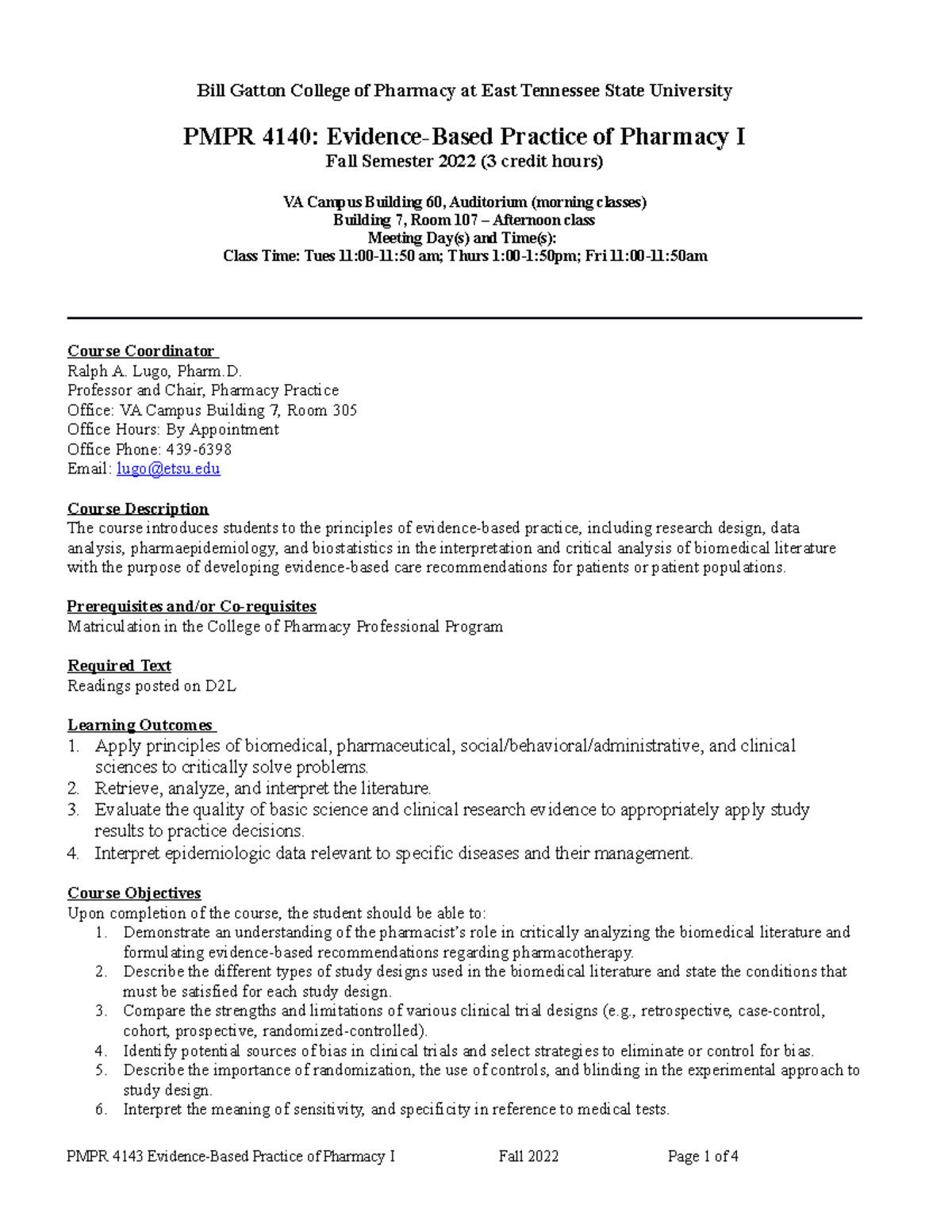 Evidence-Based Practice I - Syllabus 8-05-22 - Bill Gatton College of ...