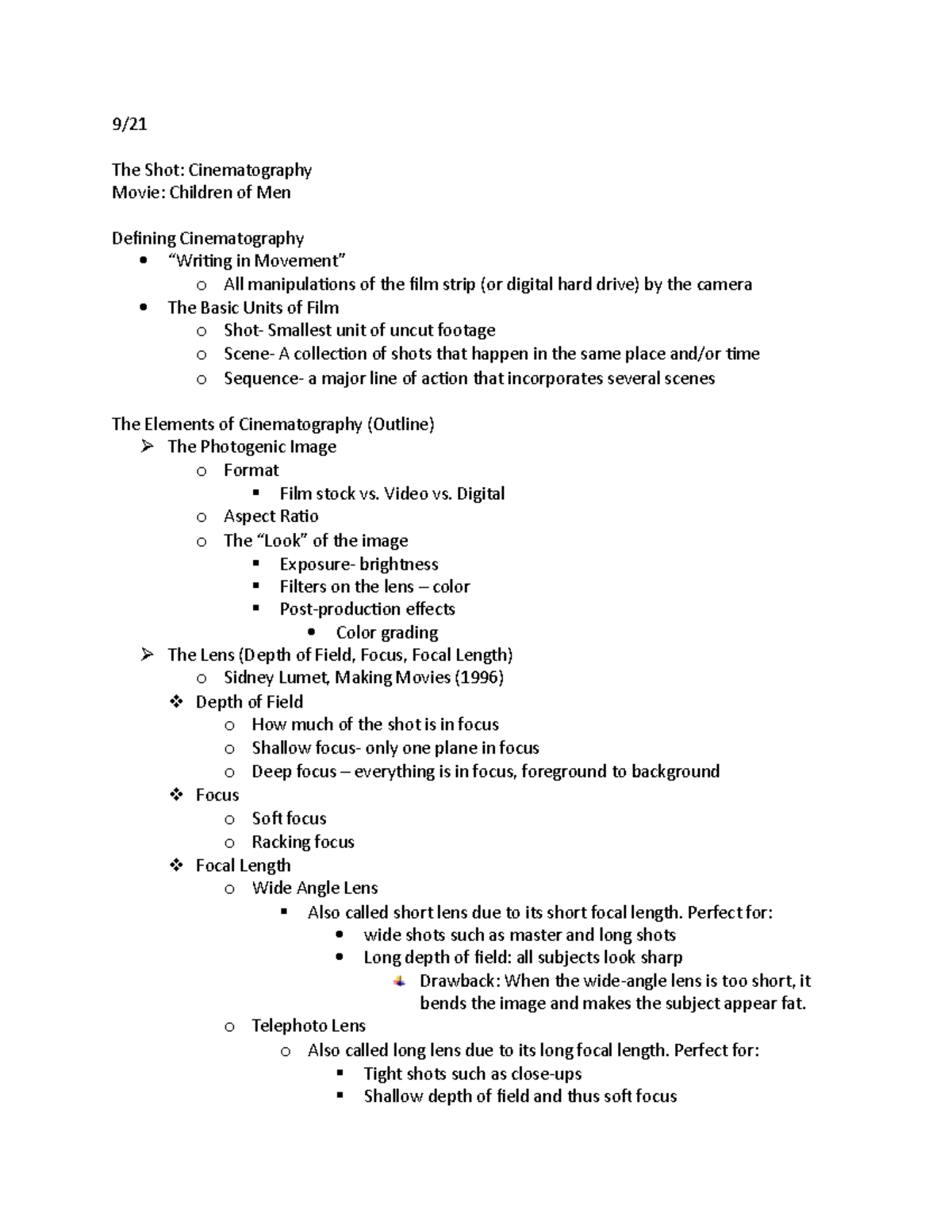 Cin 100 - notes 9 - 9/ The Shot: Cinematography Movie: Children of Men ...