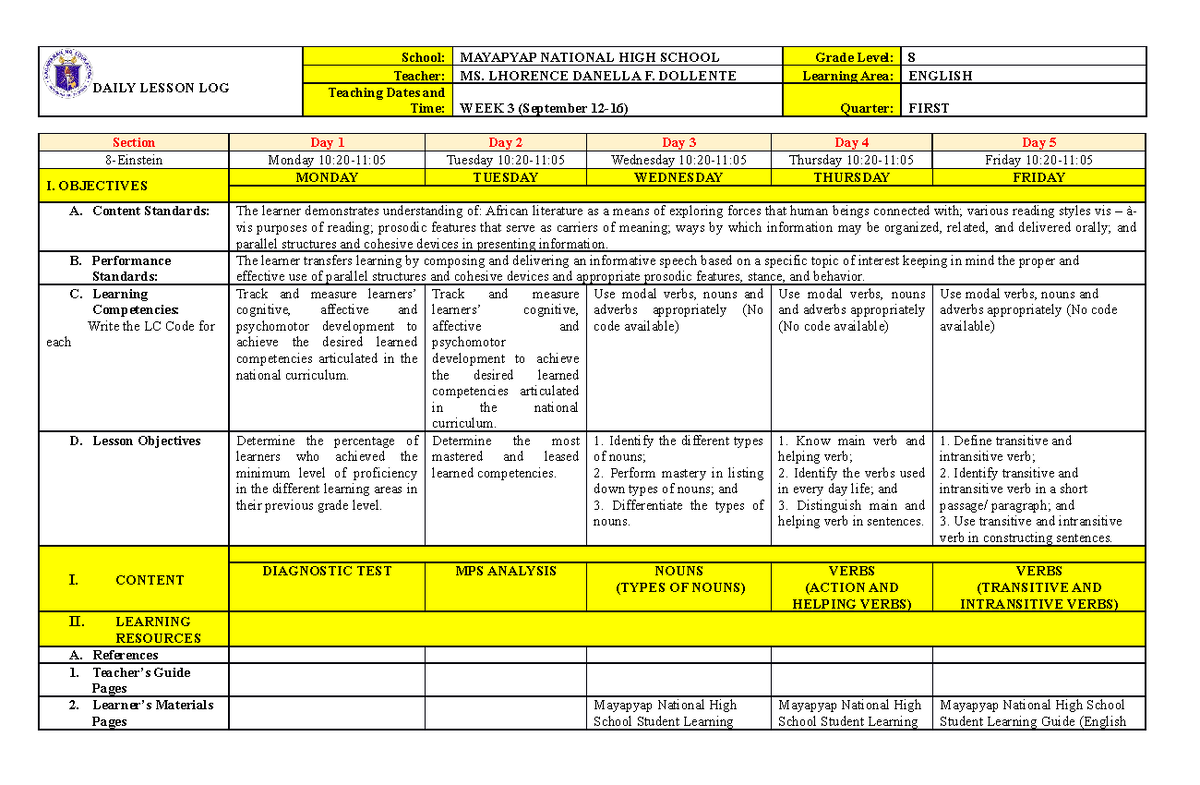 WEEK 3 - English materials - DAILY LESSON LOG School: MAYAPYAP NATIONAL HIGH SCHOOL Grade Level ...
