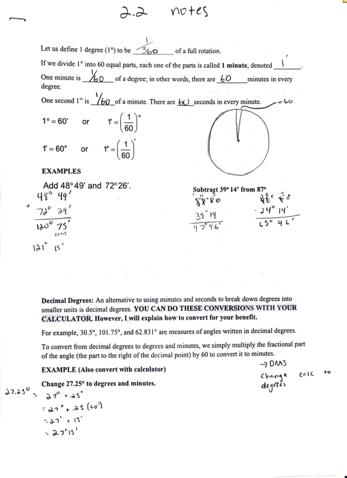 Plane Trigonometry 2.2 Notes - I Let us define I degree ( I 0 ) to be ...