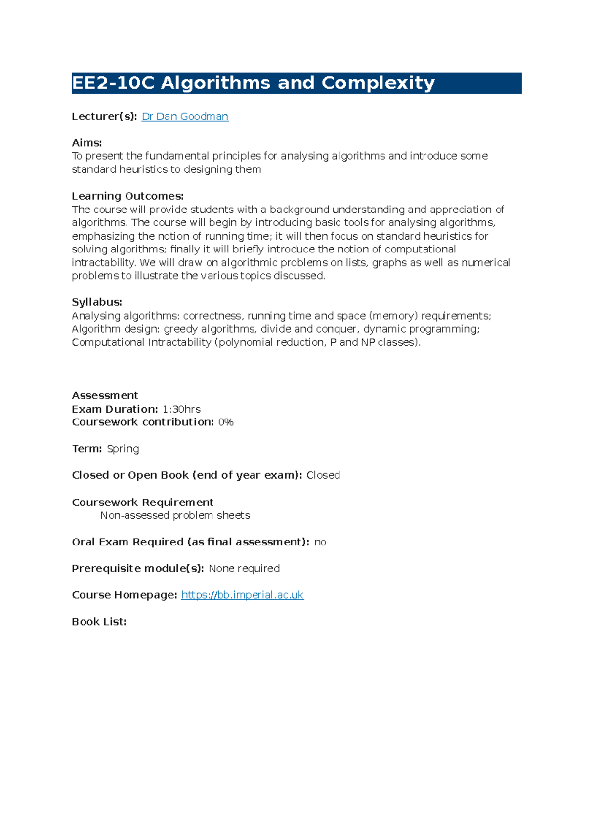 Algorithms And Complexity Summary Algorithms And Complexity Lecturers Dr Dan Goodman Aims 7160