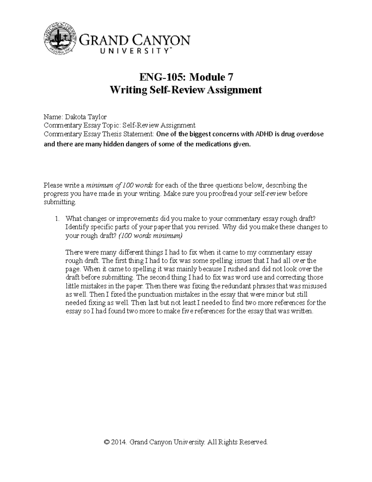 ENG105 Self Review Assignment - ENG-105: Module 7 Writing Self-Review ...