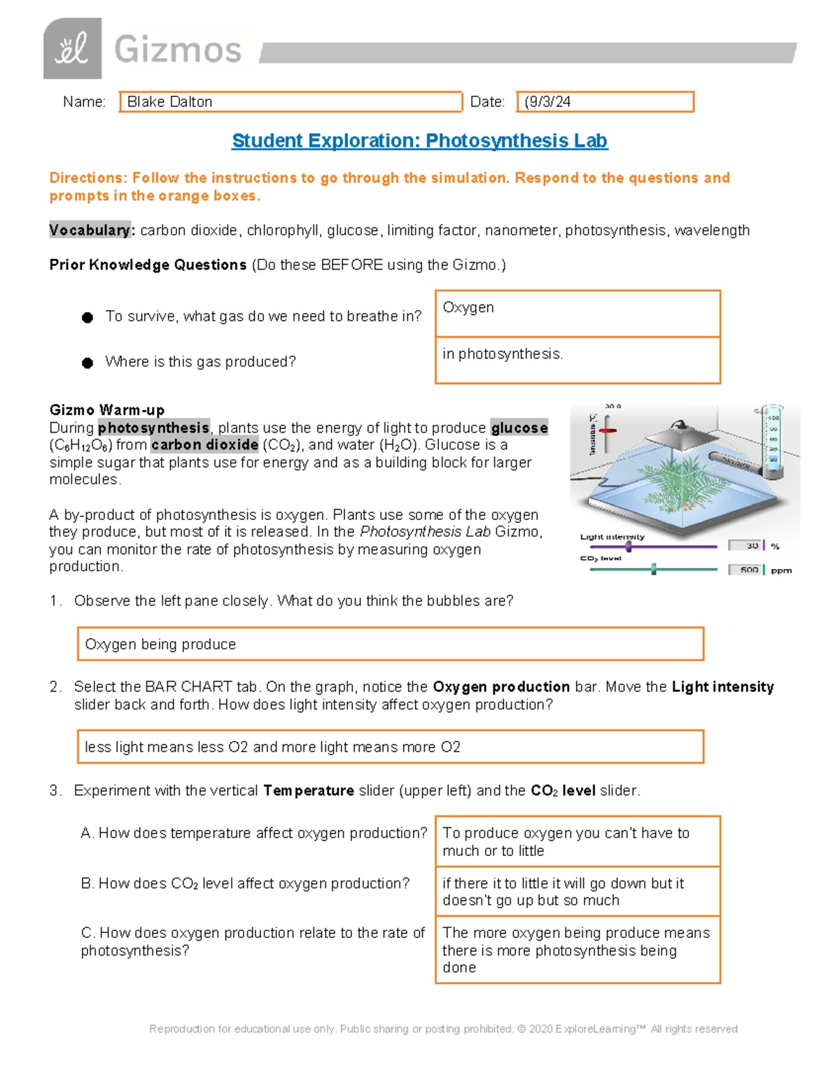 Photosynthesis Lab Gizmo Student Handout - Name: Blake Dalton Date: (9 ...