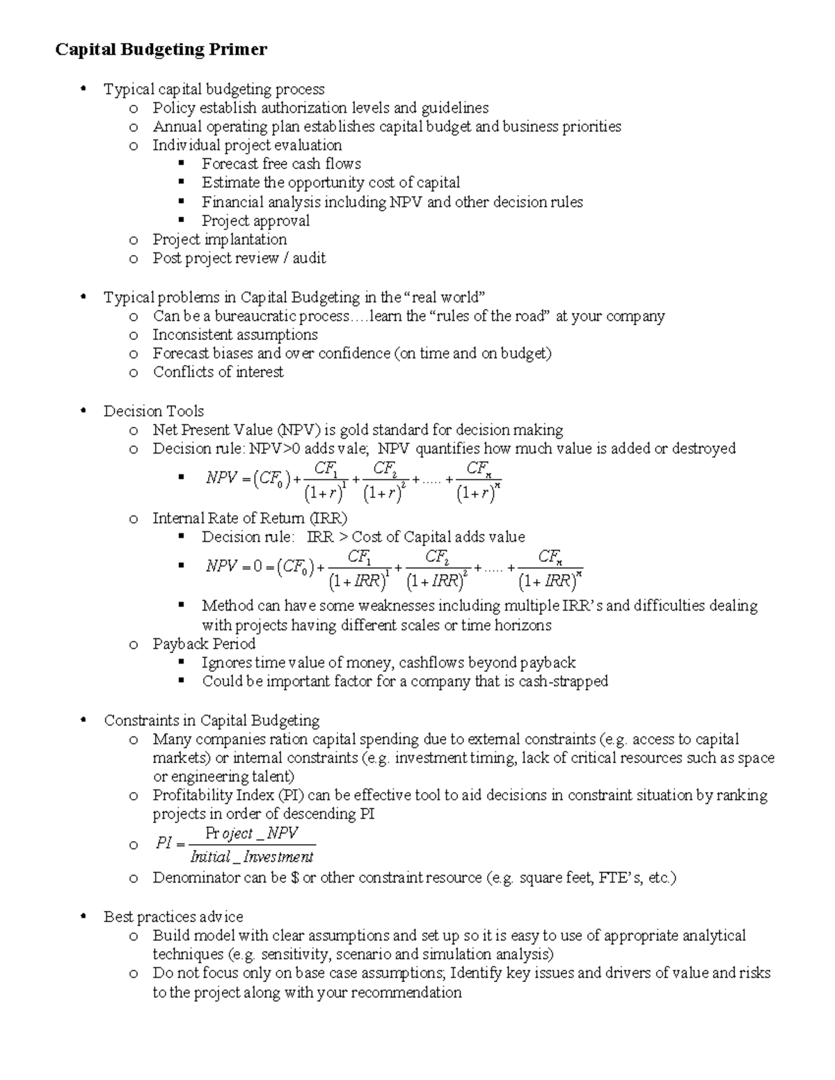 03-Cap Budgeting Primer - Capital Budgeting Primer • Typical capital ...