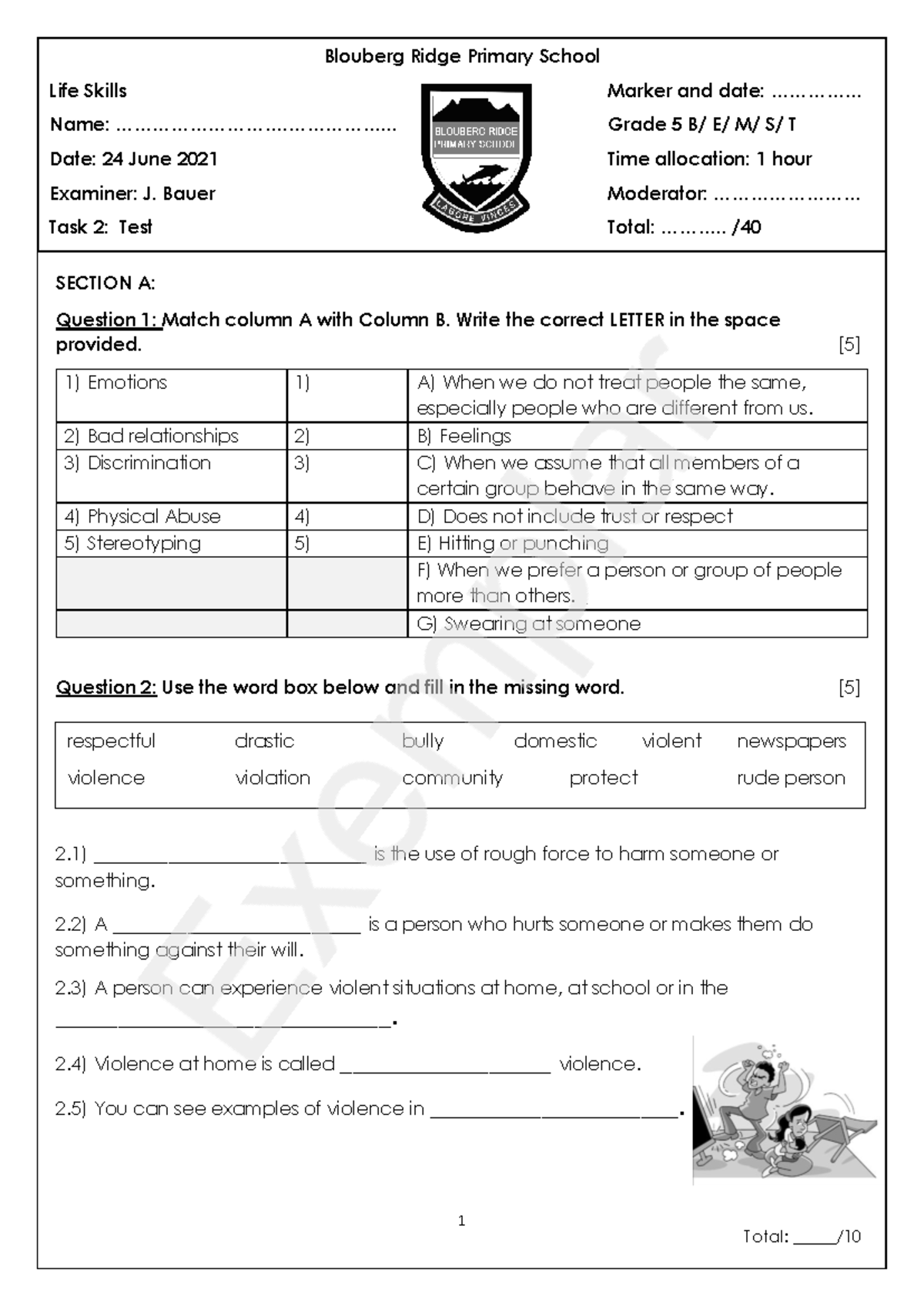 Grade 5 Life skills Mid Year Examination 2021 - 1 SECTION A: SECTION A ...