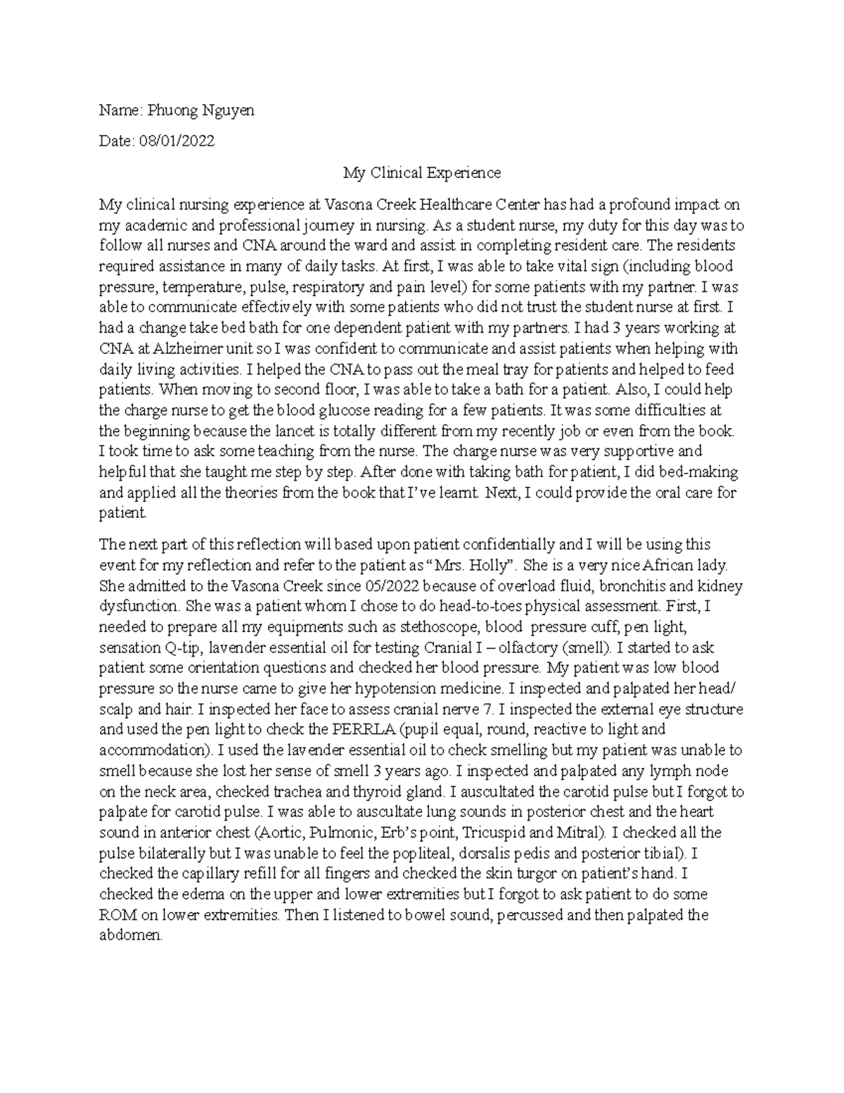 Clinical experience - N/A - Name: Phuong Nguyen Date: 08/01/ My ...