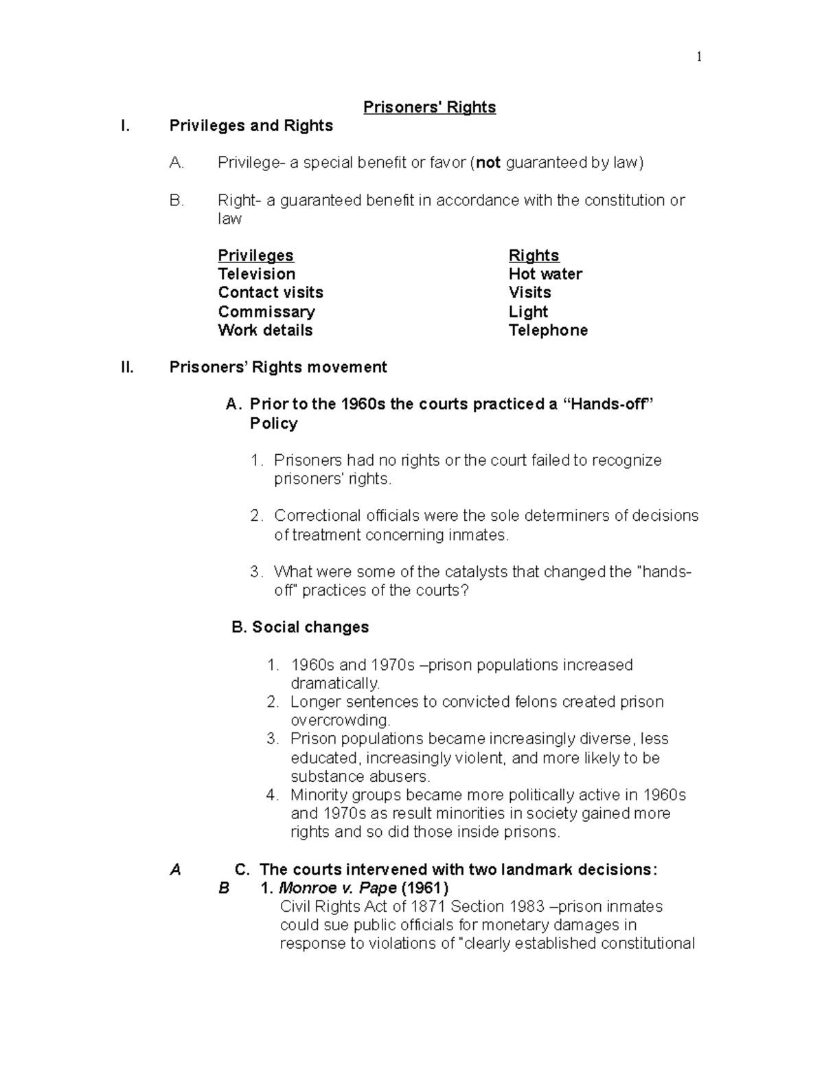 Prisoner's Rights: Important Constiutional Cases and Laiability Issues ...