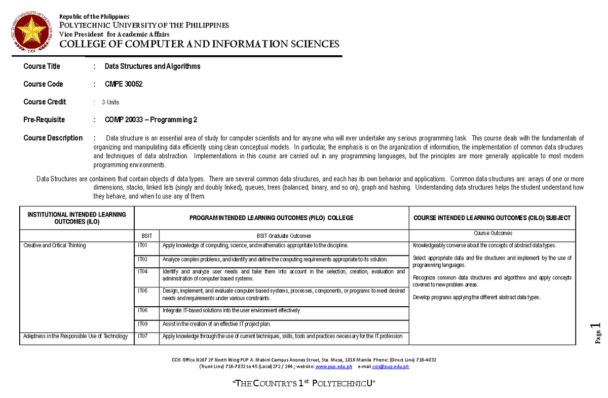 CMPE-30052 Course Outline - Course Title : Data Structures and Algorithms Course Code : CMPE ...