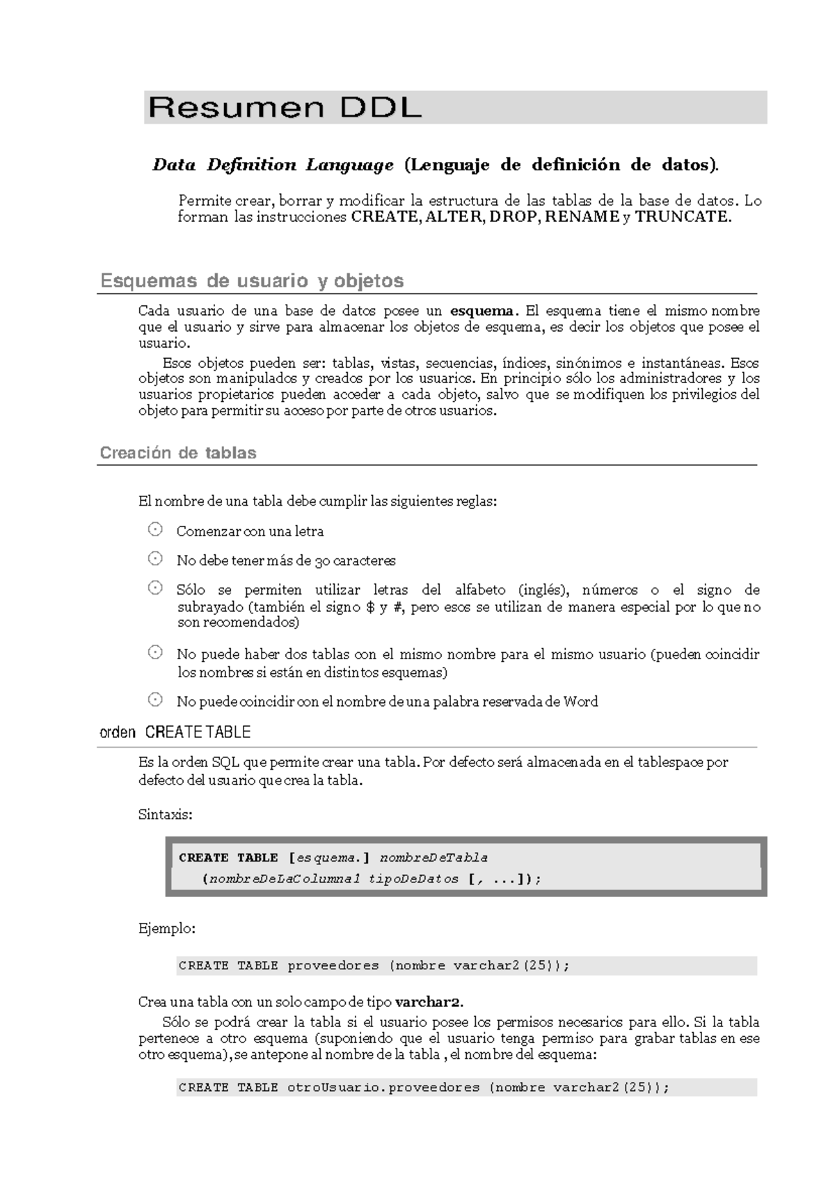 Resumen Sentencias DDL - RReessuummeenn DDDDLL Data Definition Language (Lenguaje de definición ...