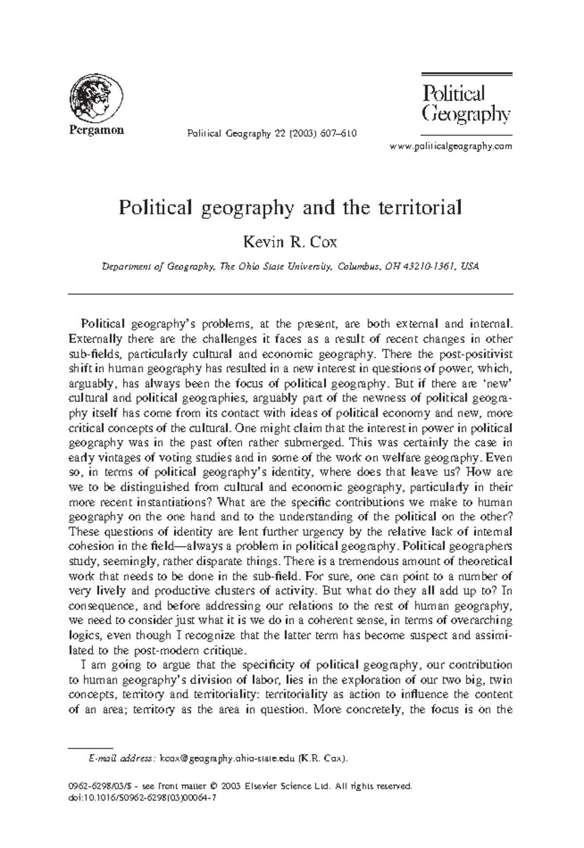 Political geography and the territorial - Political Geography 22 (2003 ...