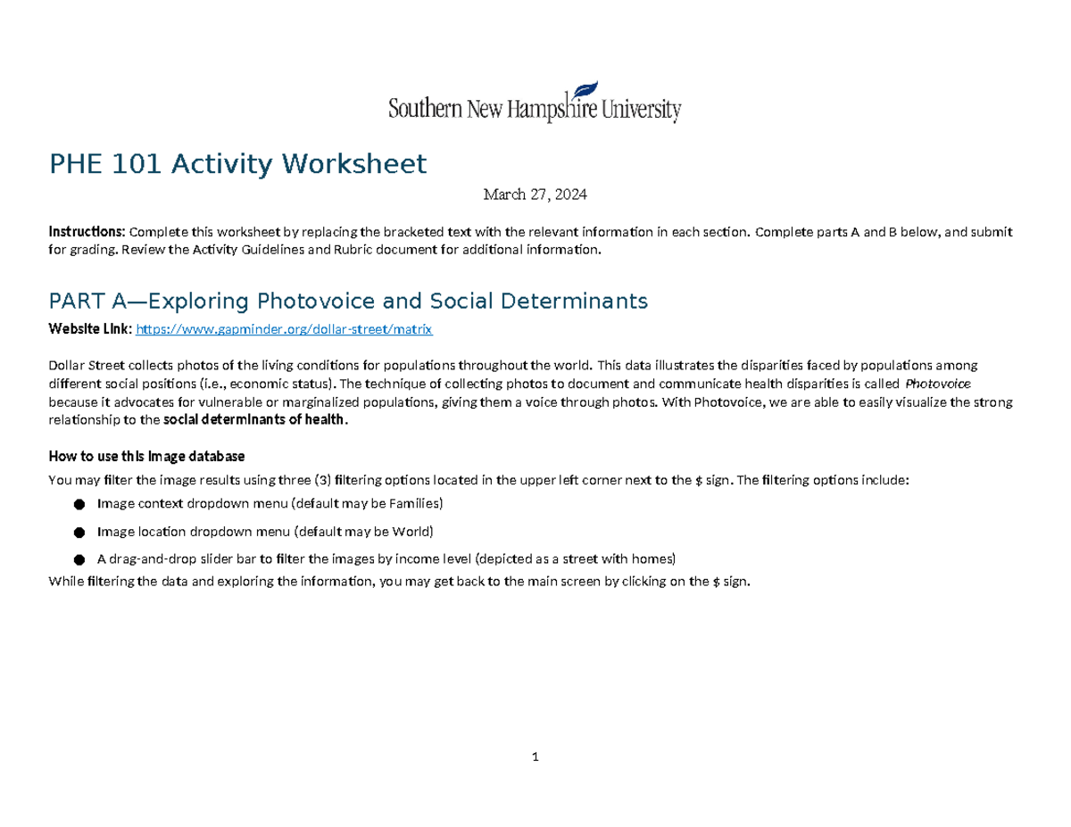 PHE 101 Activity Worksheet - PHE 101 Activity Worksheet March 27, 2024 ...