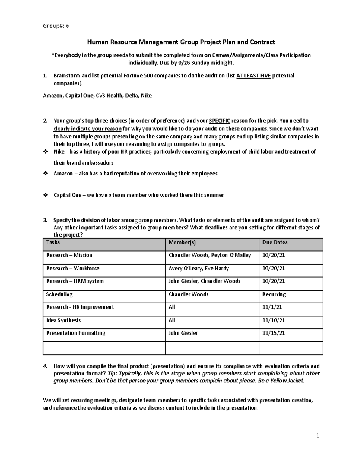Group 6 HRM Project Plan and Contract - Group#: 6 Human Resource ...