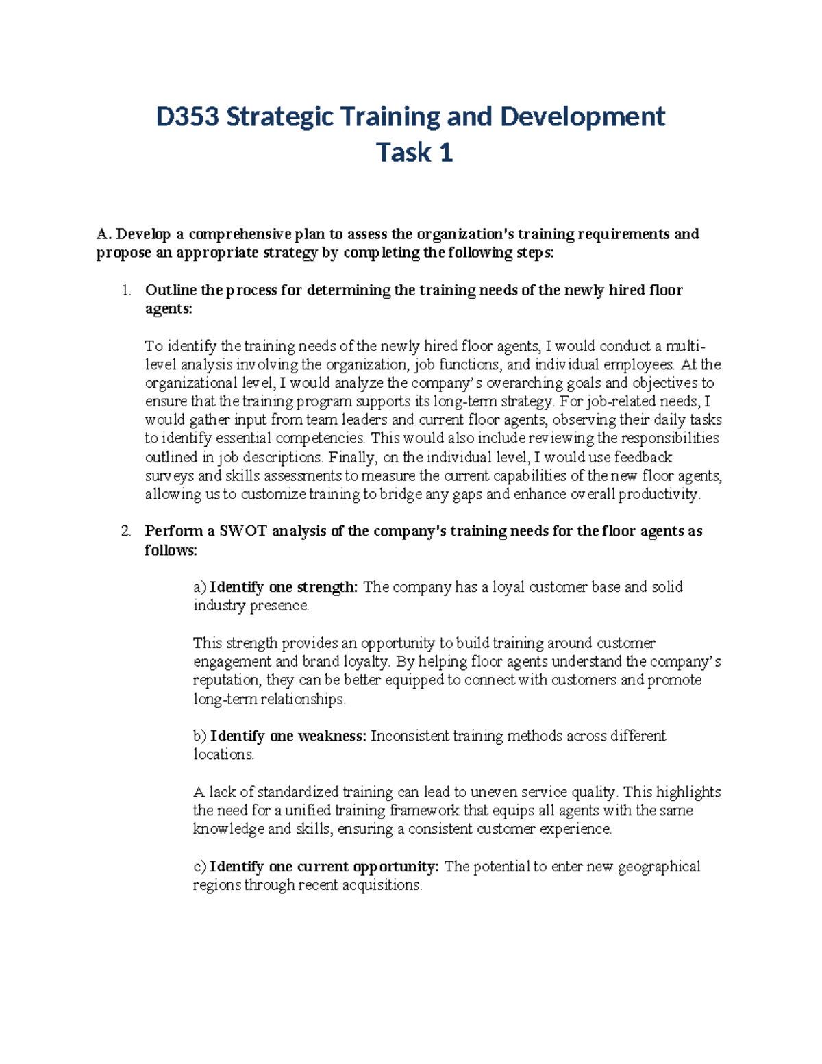 D353 Task 1 - Strategic Training and Development - D353 Strategic ...