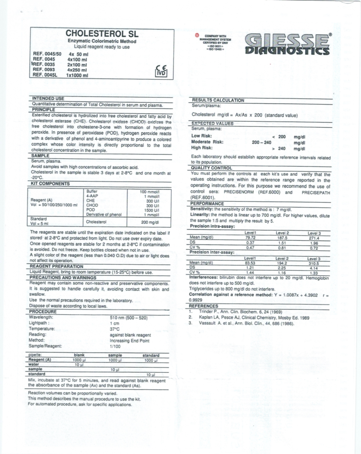 Package Inserts for Chole SL HDL chole and TAG - Medical Laboratory ...