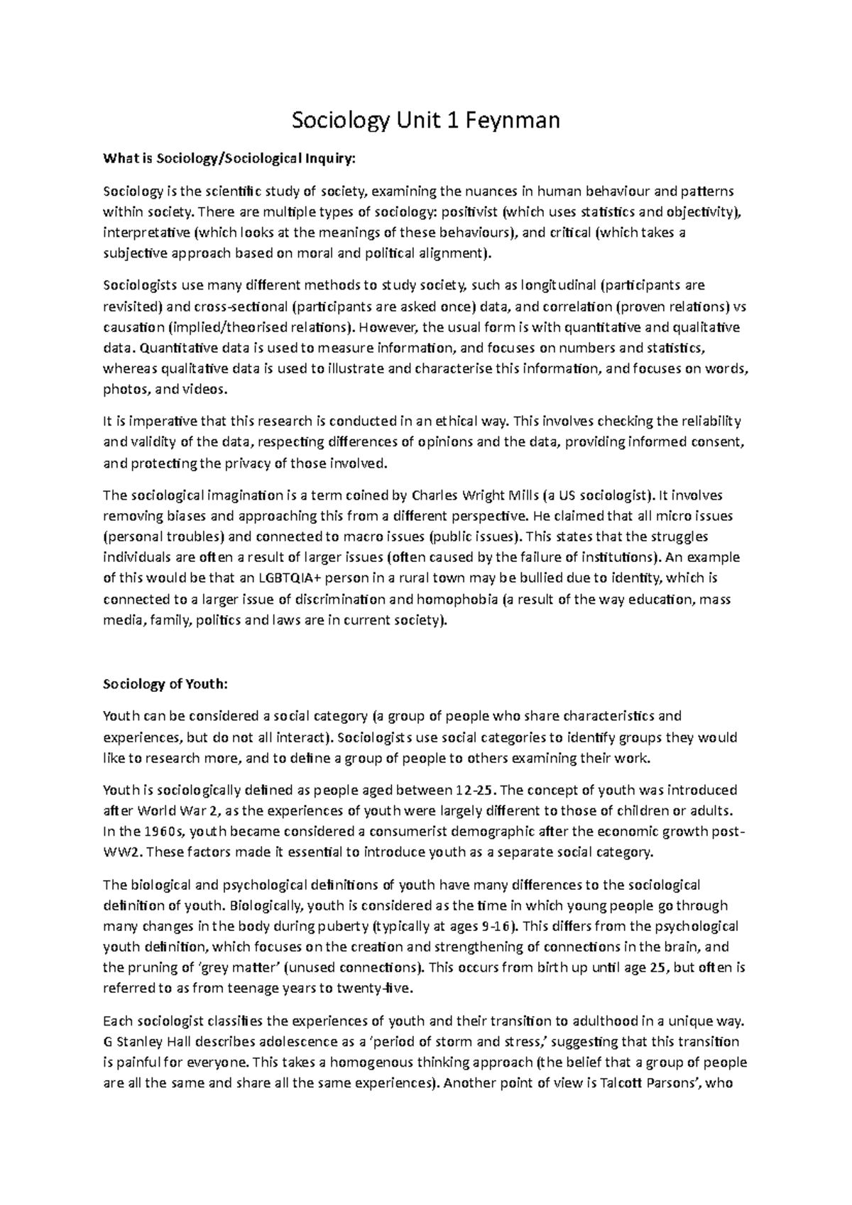 Sociology Unit 1 Feynman Style Summary - Sociology Unit 1 Feynman What ...