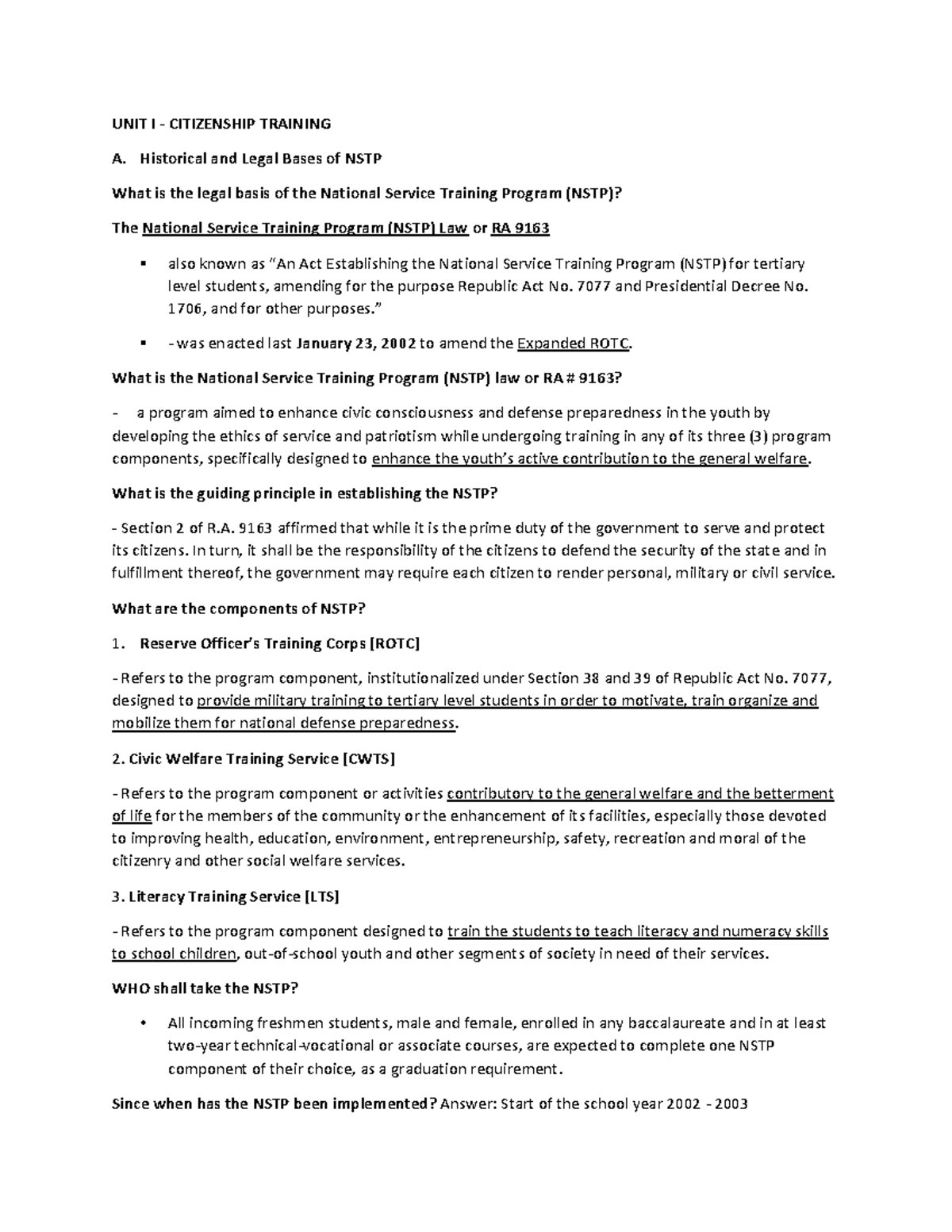 CWTS Reviewer - UNIT I - CITIZENSHIP TRAINING A. Historical and Legal ...