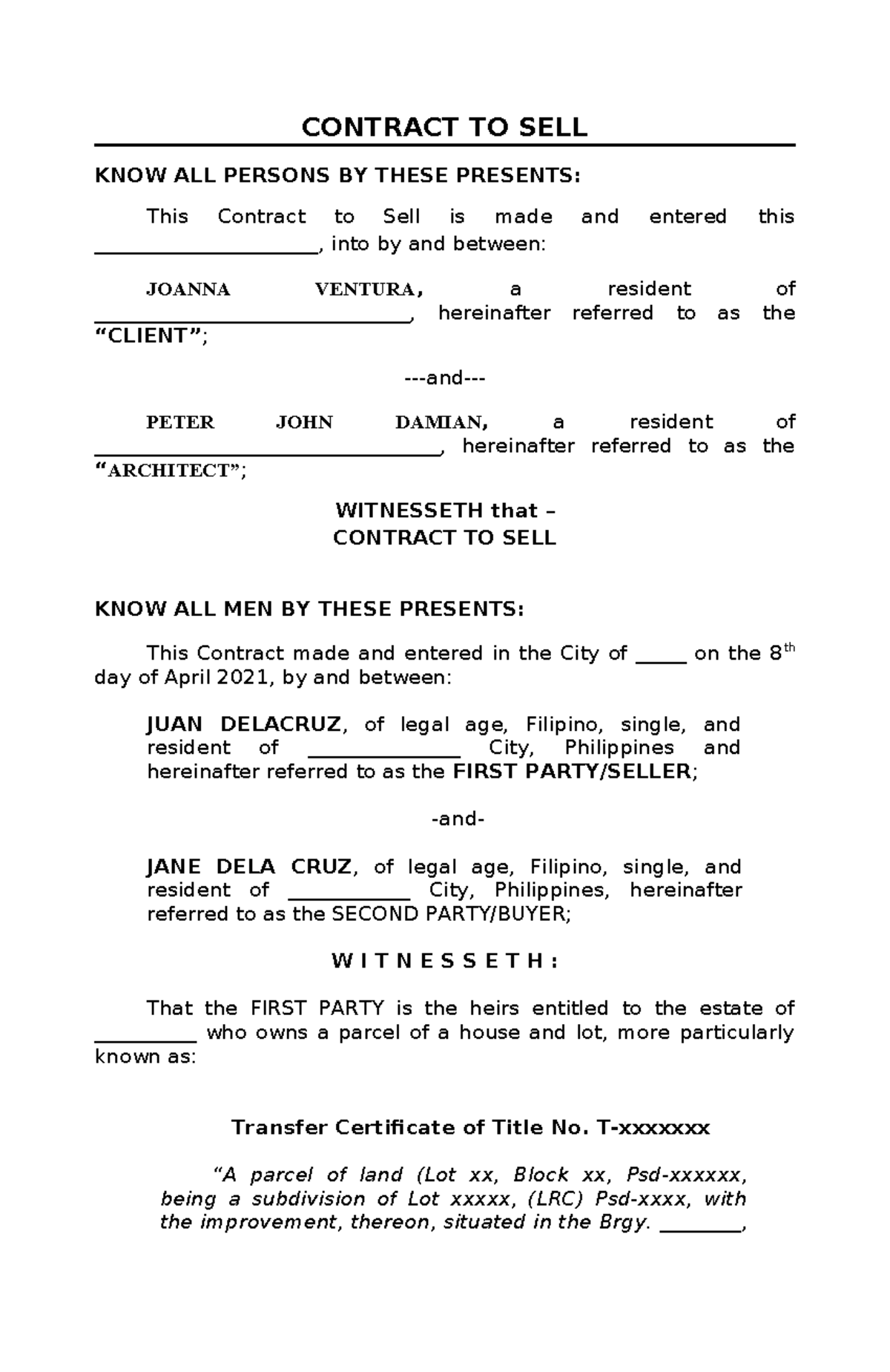 Contract to sell template - CONTRACT TO SELL KNOW ALL PERSONS BY THESE ...