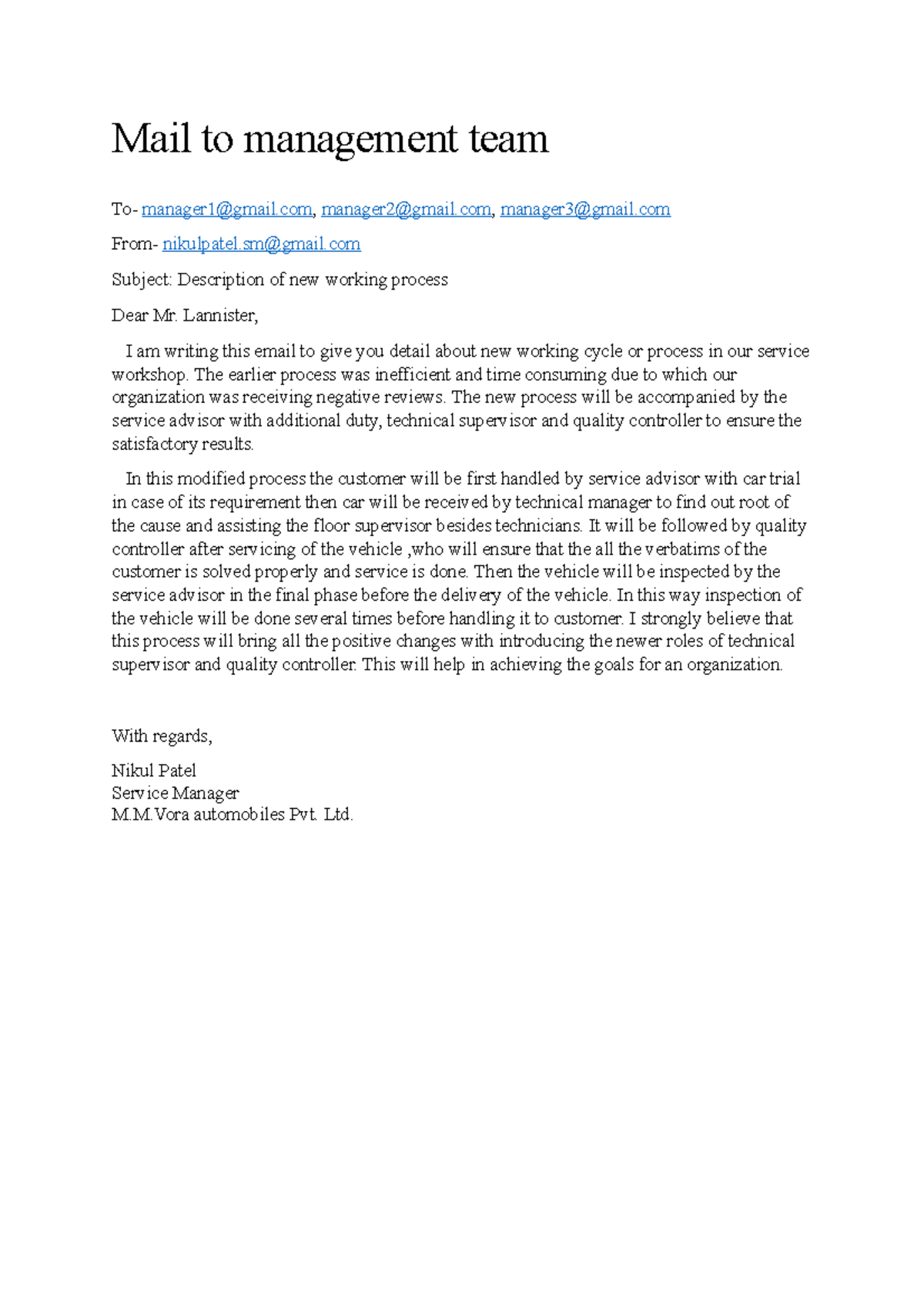 Management team email - Mail to management team To- manager1@gmail ...