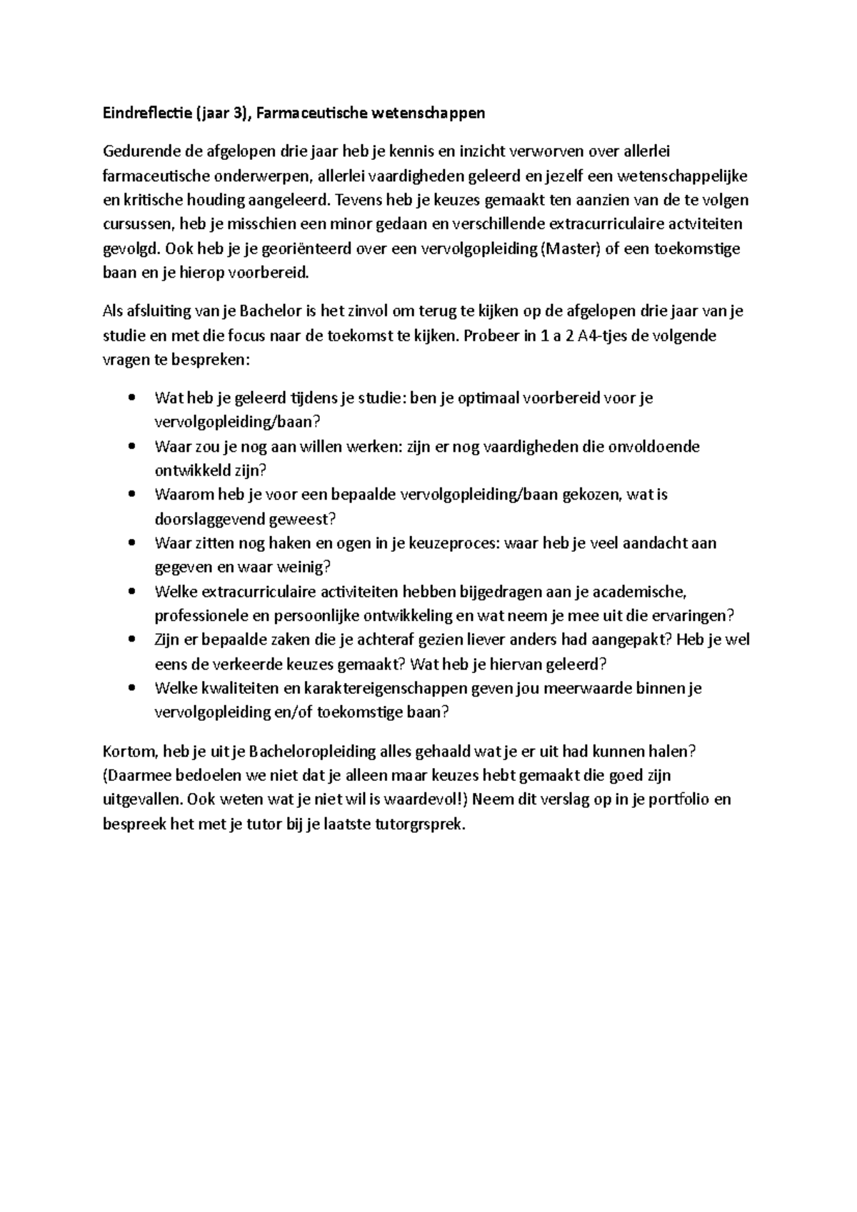 Eindreflectie opgaven - Eindreflectie (jaar 3), Farmaceutische ...