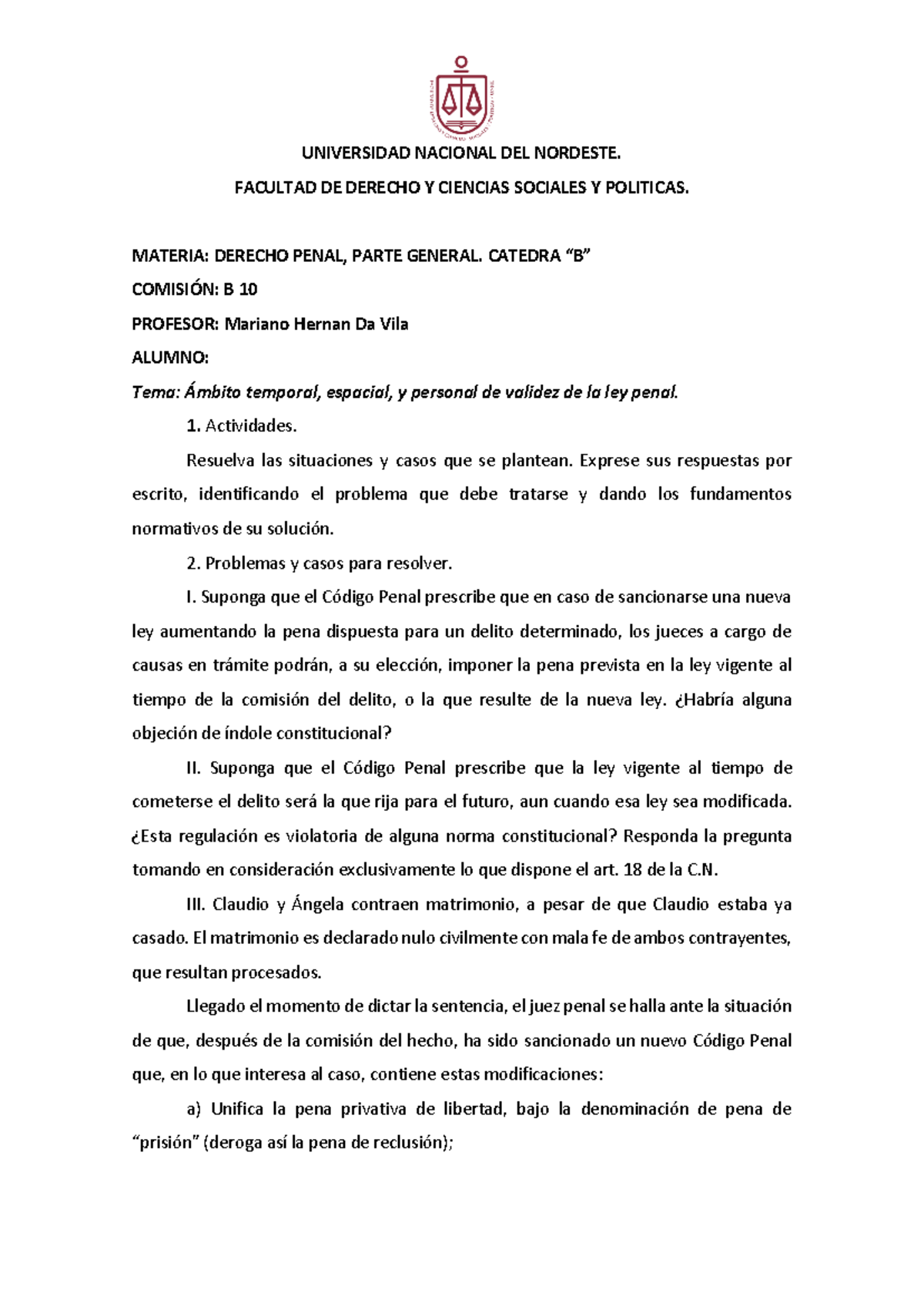 Actividad de Ambito temporal, espacial, y personal de validez de la ley ...