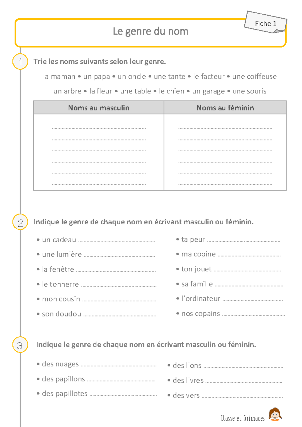 Fiches dapplication Le genre du nom - Classe et Grimaces 1. Trie les ...