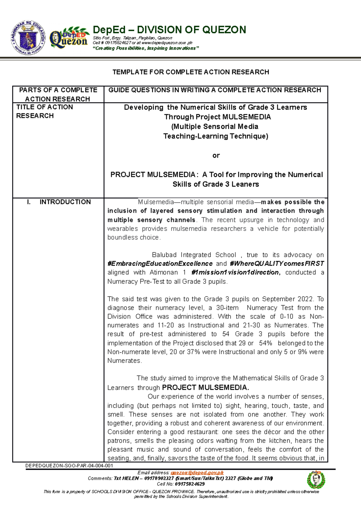 Action Research in Numeracy - TEMPLATE FOR COMPLETE ACTION RESEARCH ...